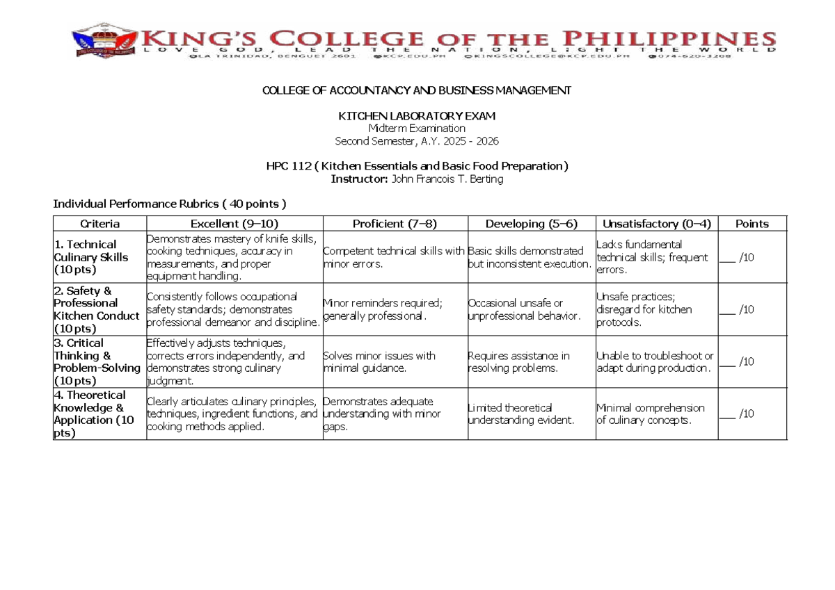 HPC 112 Midterm Exam Rubrics for Kitchen Essentials and Food Prep - Studocu