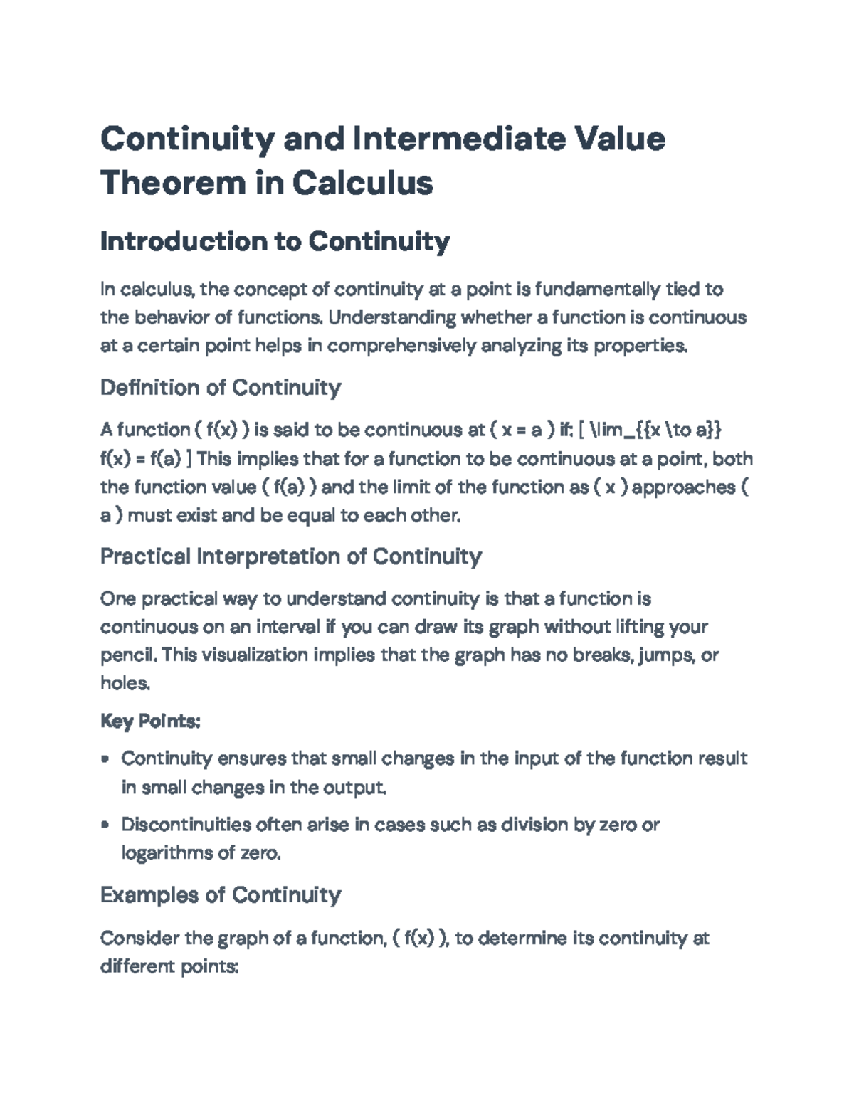 Continuity and Intermediate Value Theorem in Calculus: An Overview ...