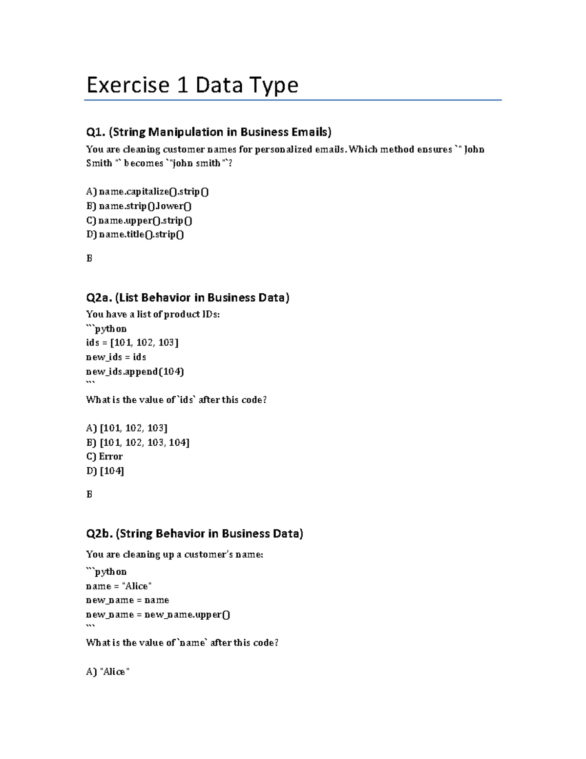 Exercise 1 Data Type Q&A: String & List Manipulation in Business Emails ...