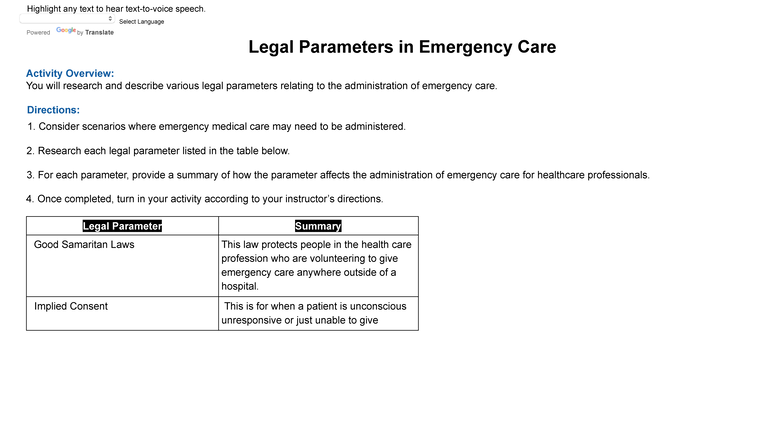 Legal Parameters in Emergency Care - Overview and Summary - Studocu