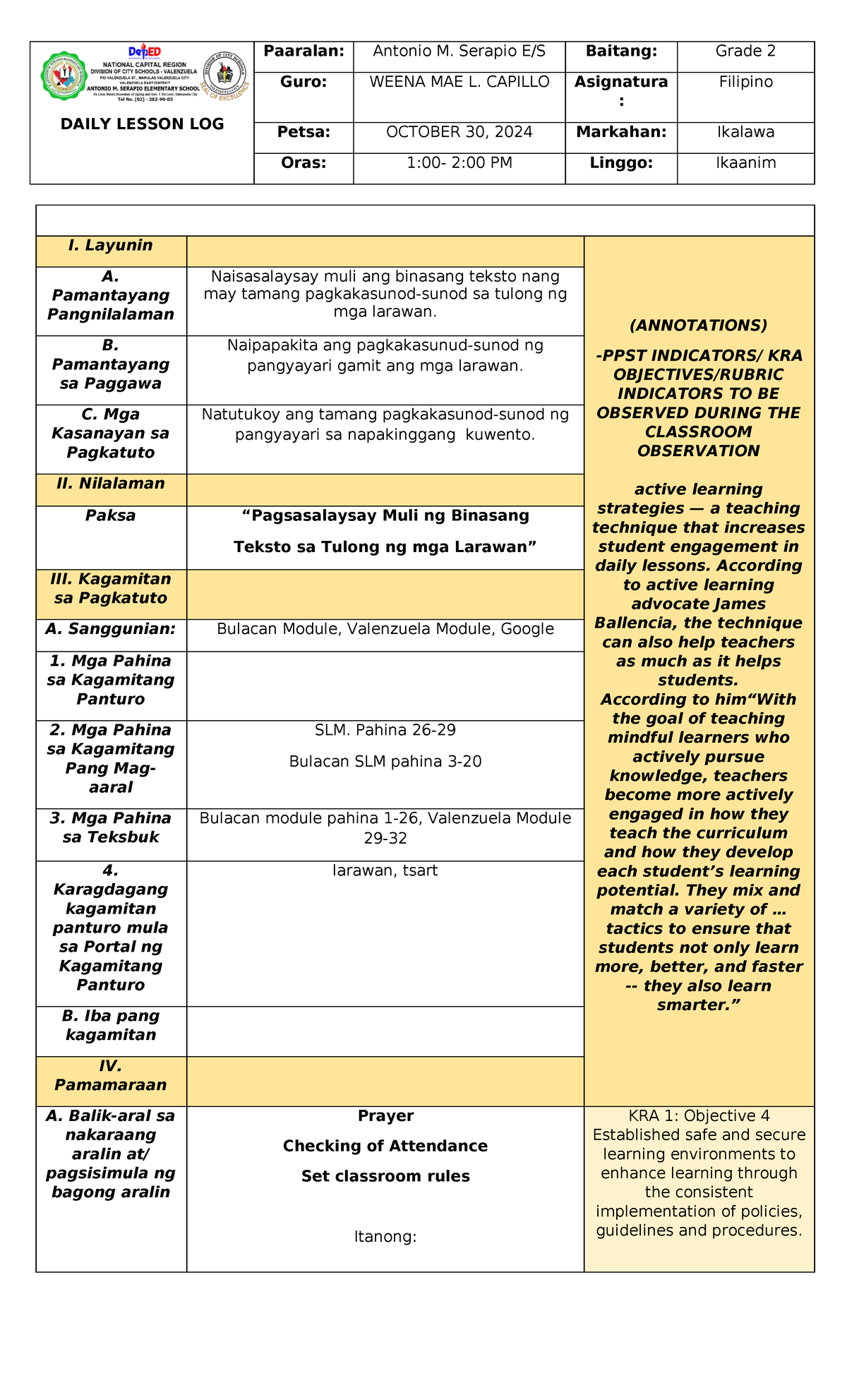 Daily Lesson Plan - DAILY LESSON LOG Paaralan: Antonio M. Serapio E/S ...