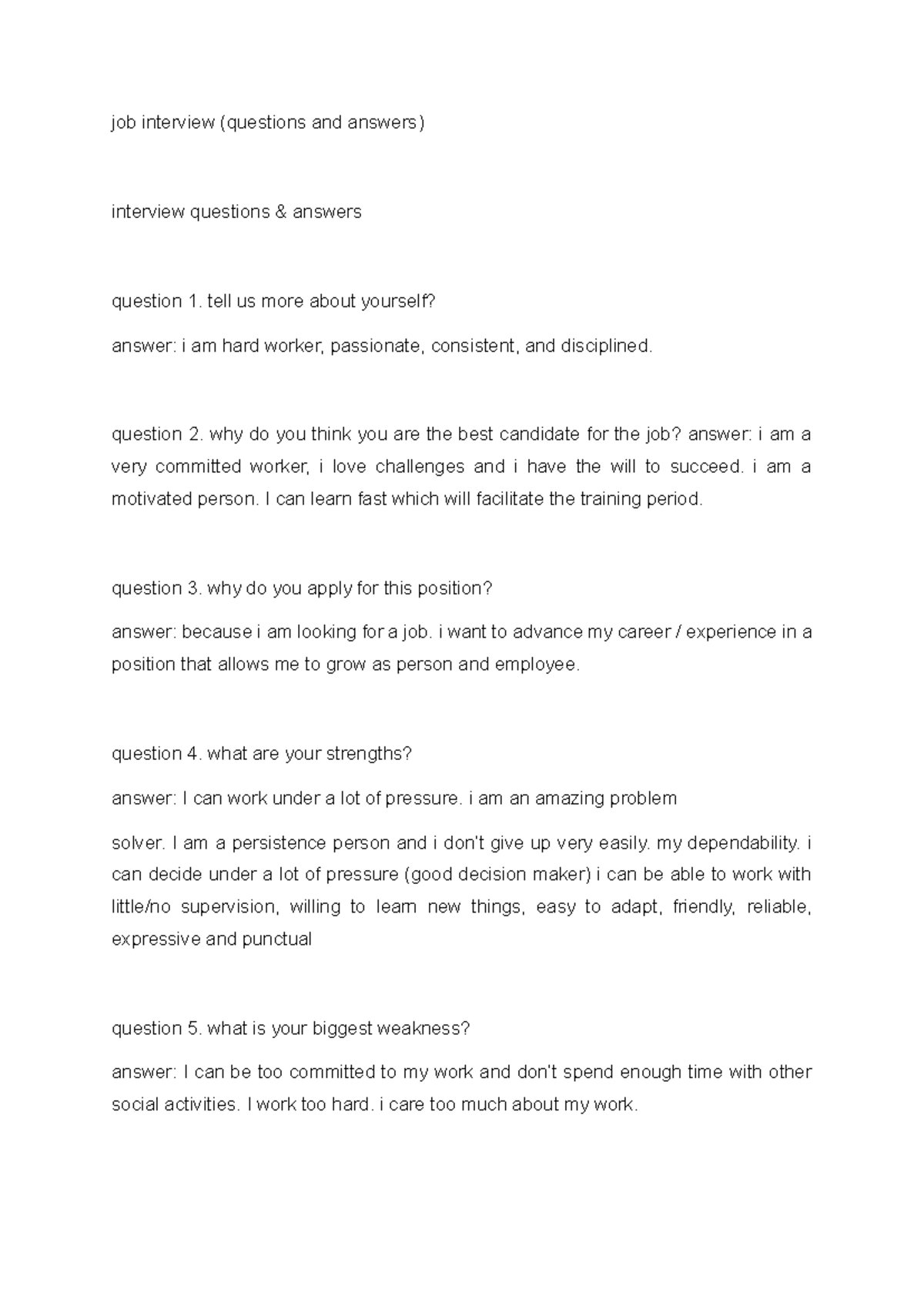 Job Interview Prep: Common Q&A for Success - Studocu