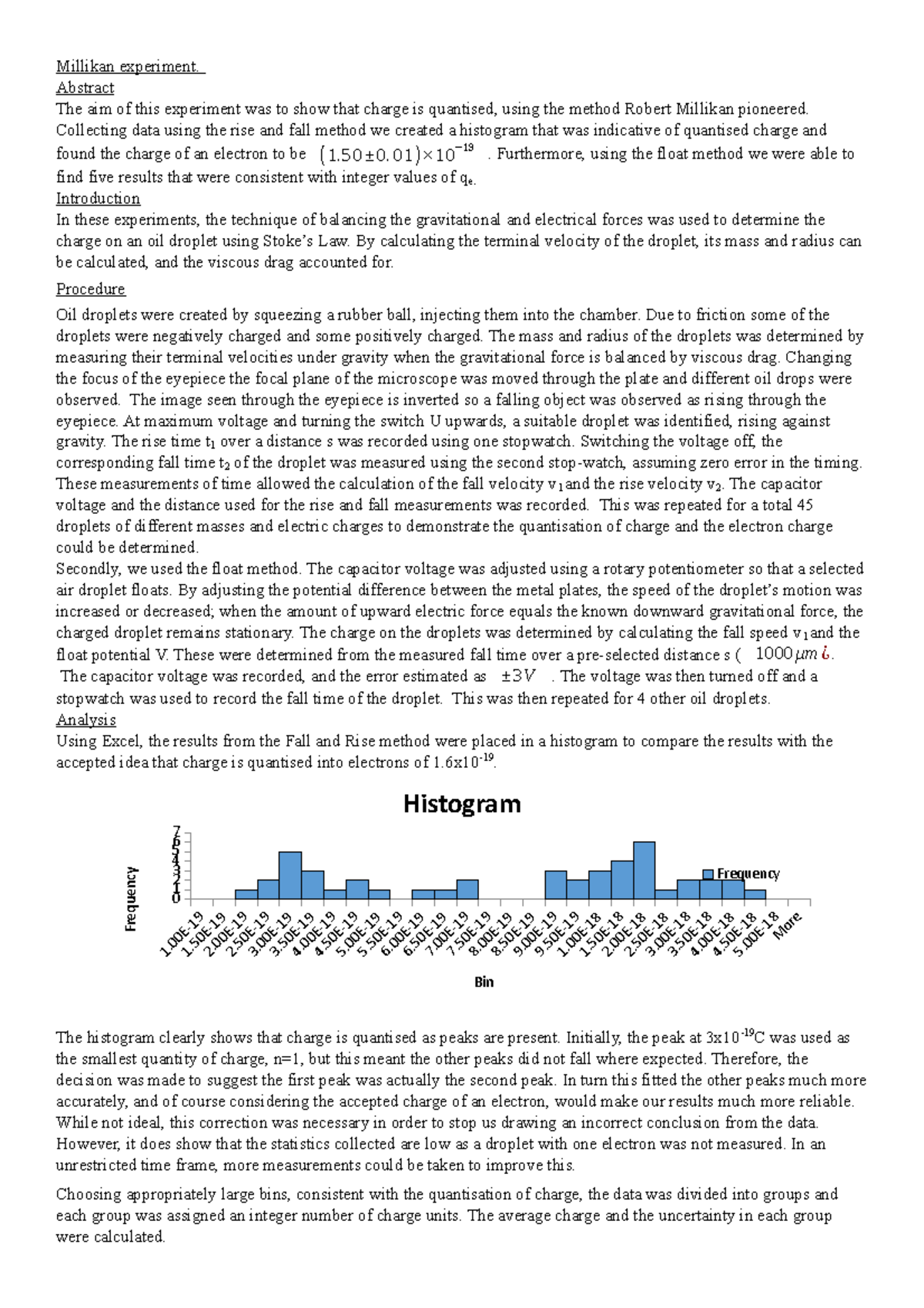 Millikan Experiment Report: Quantizing Electron Charge Measurement ...