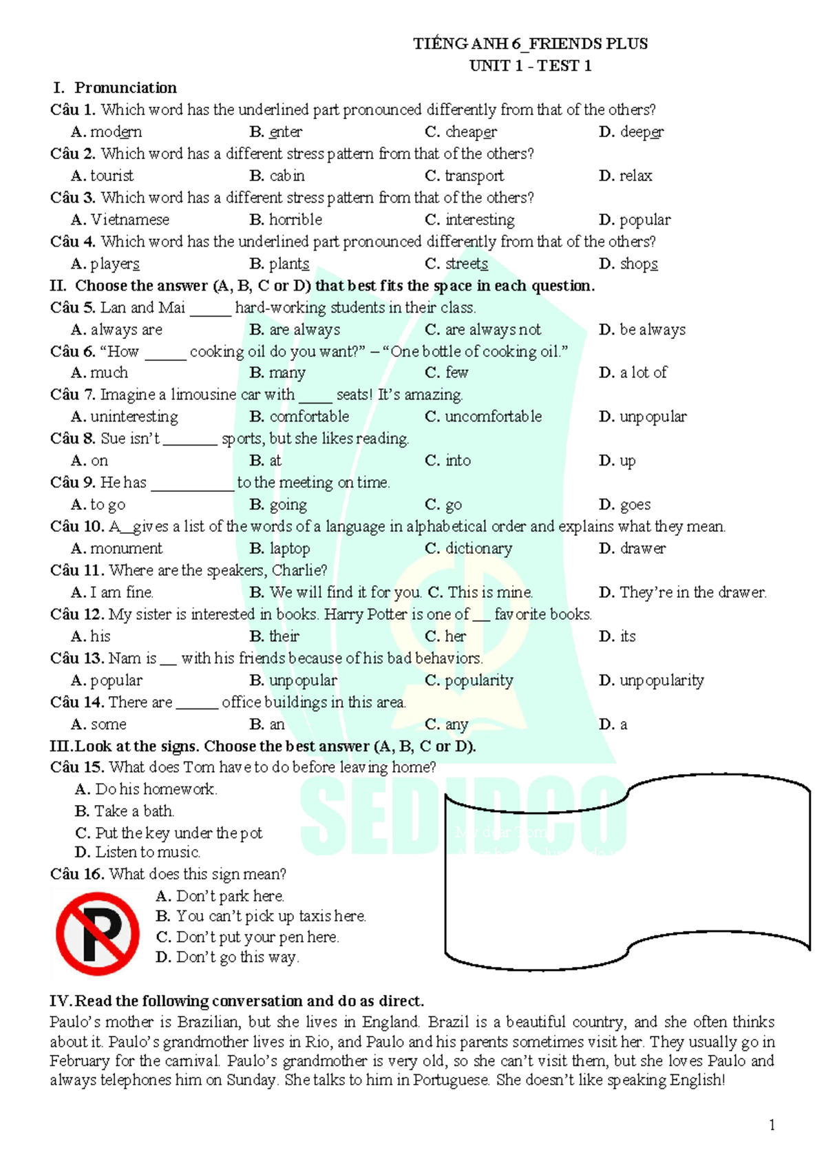 Tiếng Anh 6 Friends Plus - Unit 1 - Test 1 Study Guide - Studocu