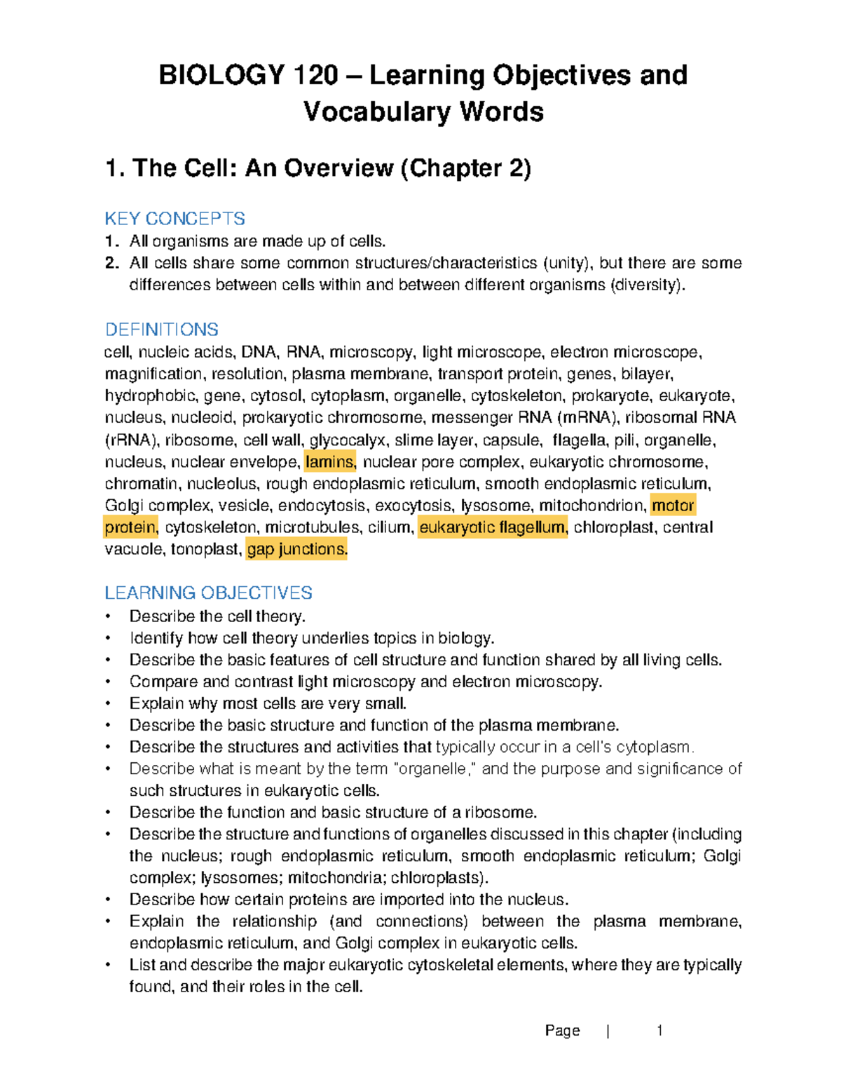 BIO Vocab and learning objectives - BIOLOGY 120 – Learning Objectives ...