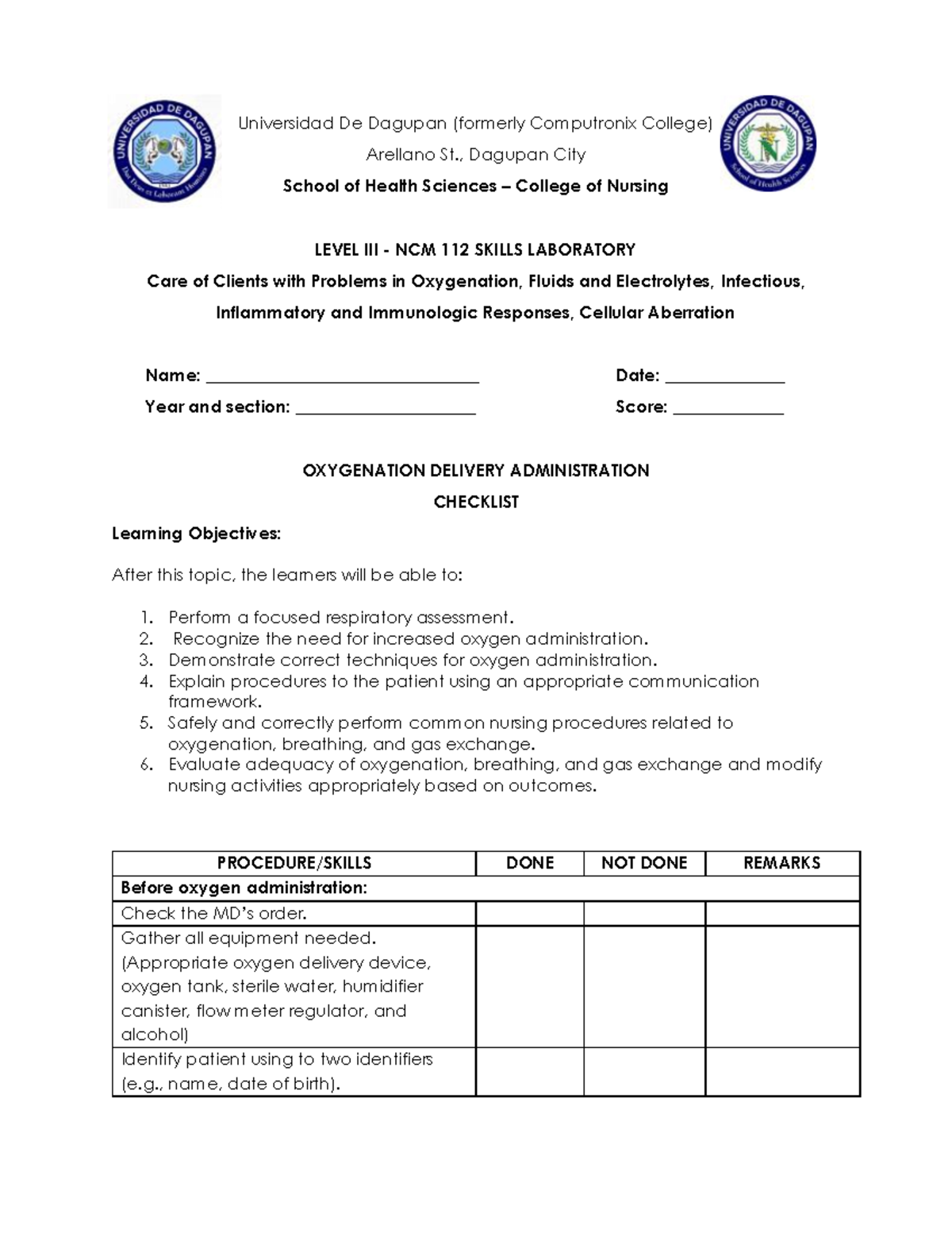 NCM 112 Oxygenation Delivery Administration Checklist for Skills Lab ...