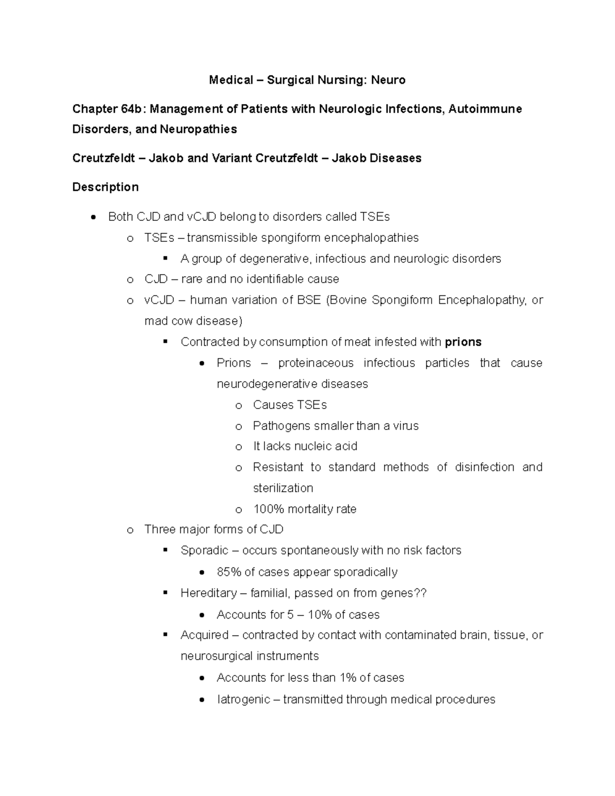 MS2 Neuro - CJD and vCJD: Lecture Notes on Management and Care - Studocu