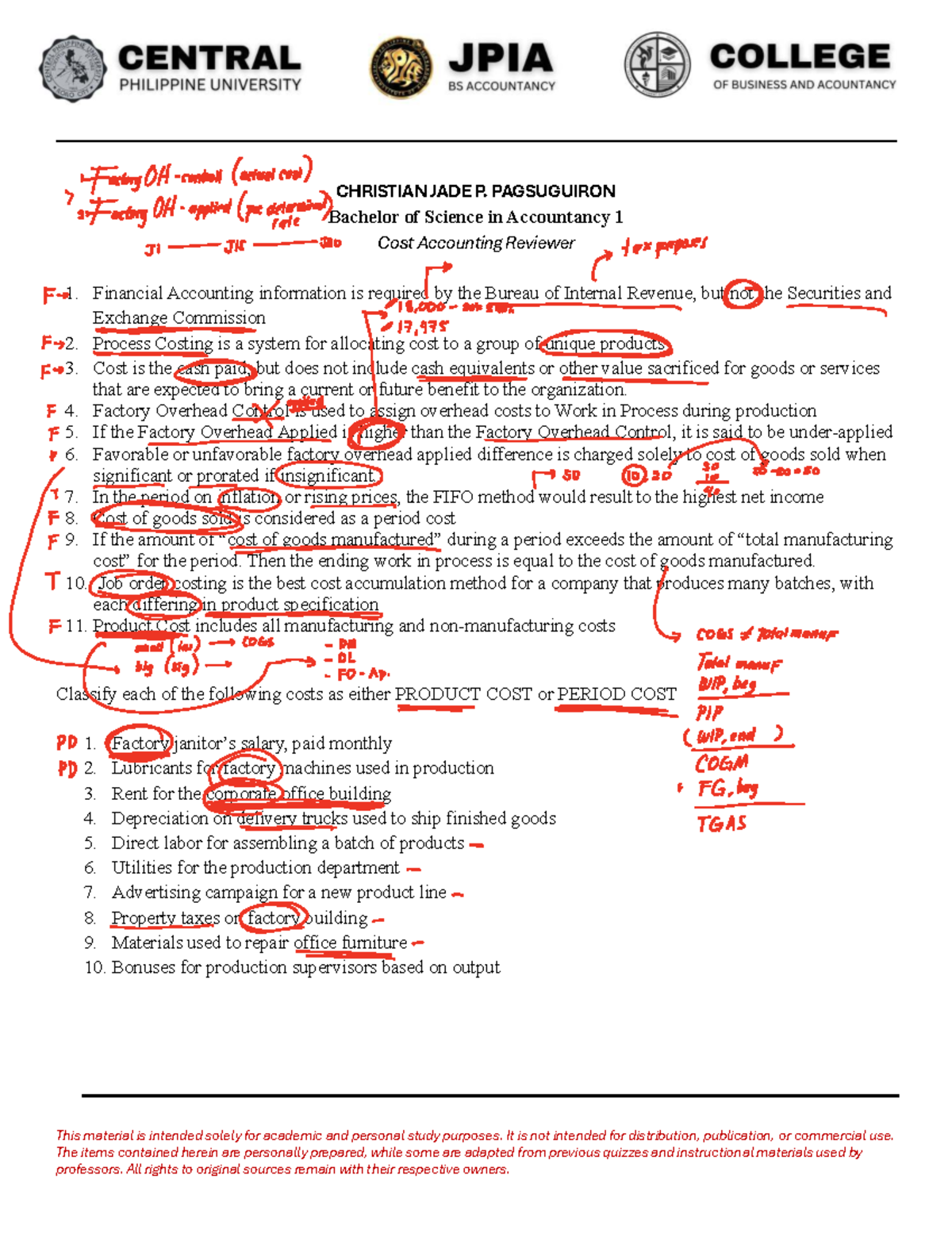 Cost Accounting Reviewer - BS in Accountancy 1 - Studocu