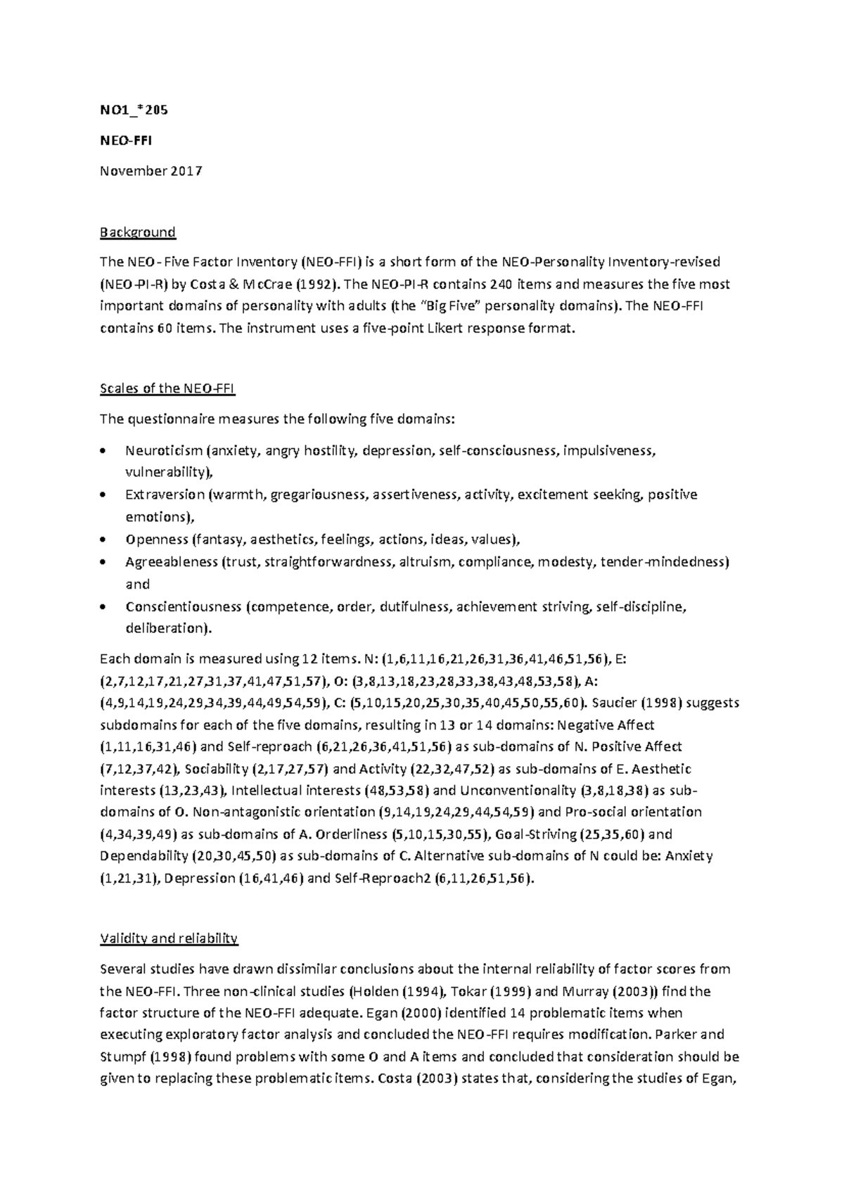 NEO NO1 205 - NEO Five Factor Inventory Overview and Scoring Guide ...