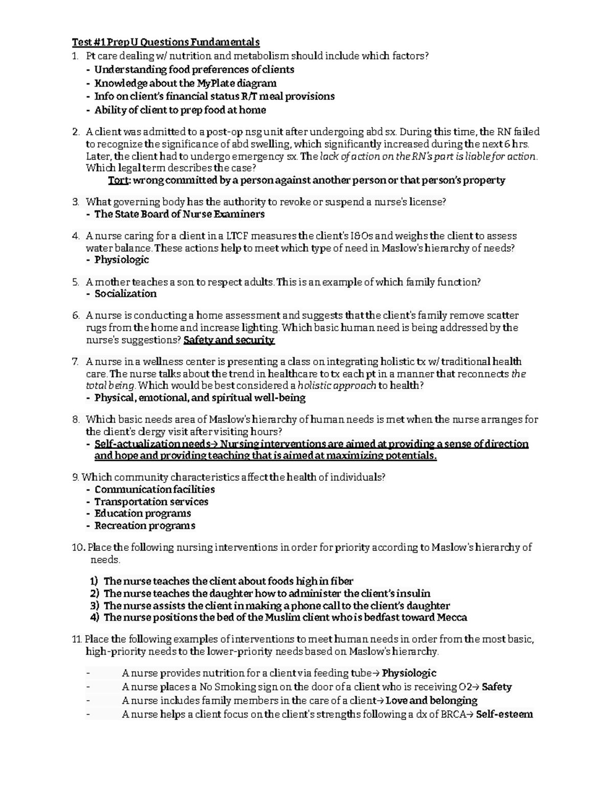 Fundamentals Nursing Prep U Questions 110 Test #1 - Test #1 Prep U ...