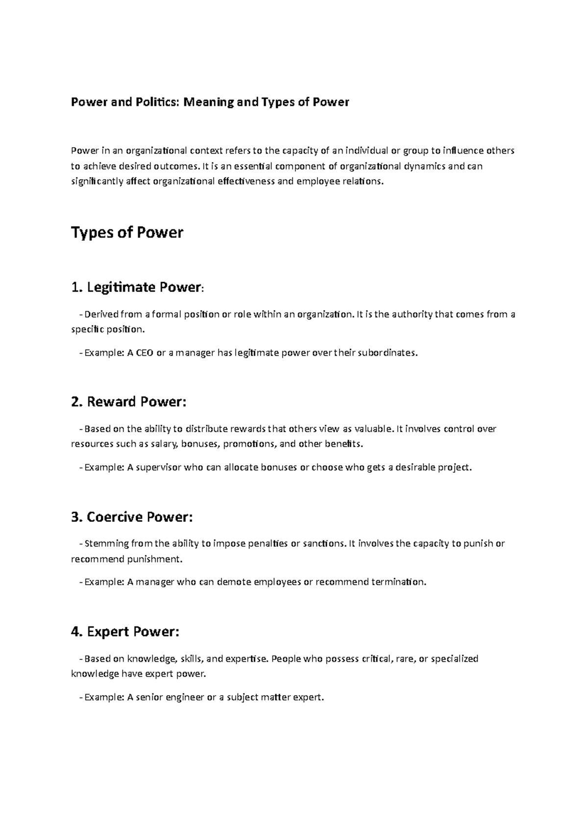 OB 4th unit - Lecture notes - Power and Politics: Meaning and Types of ...