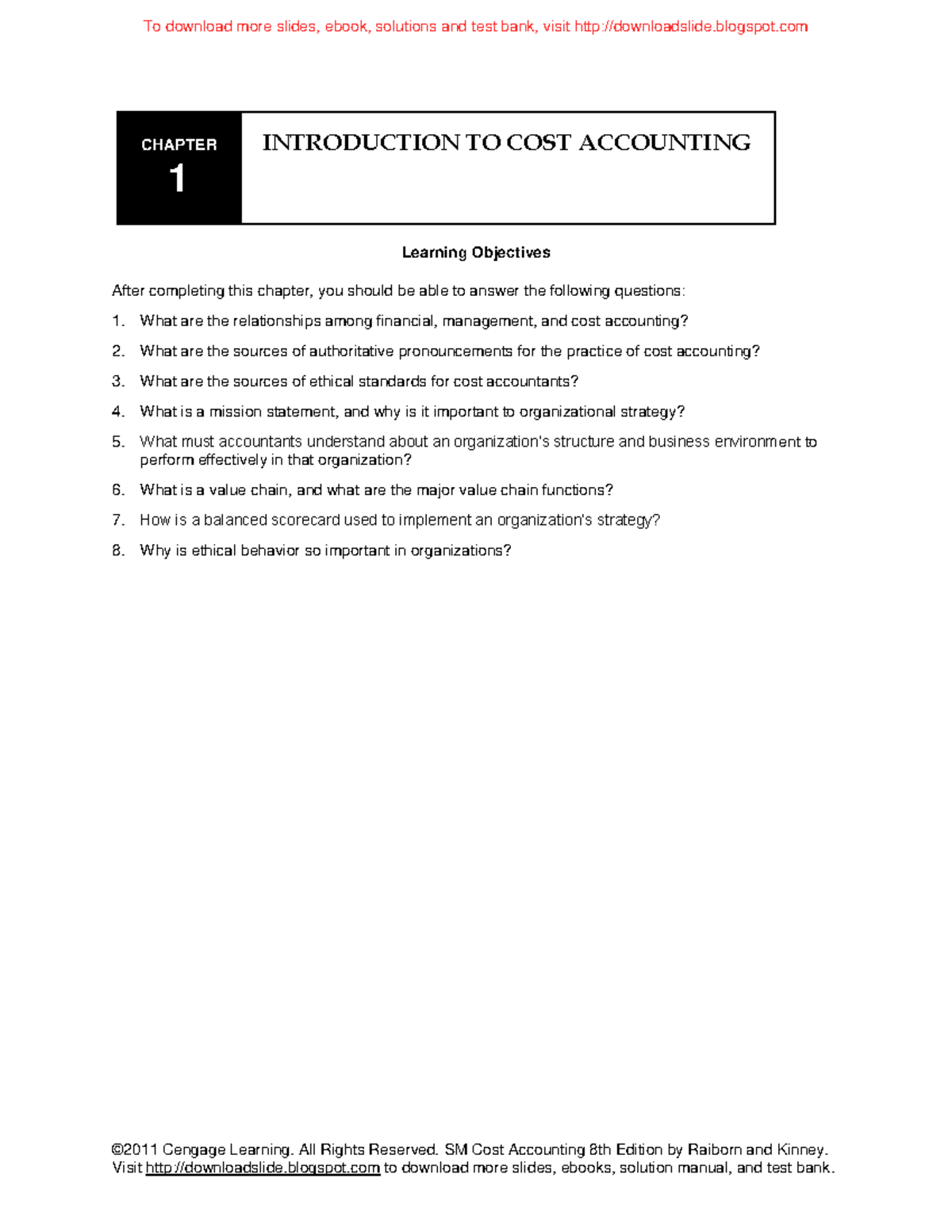 Kinney-8e IM Ch-01 Cost Accounting: Key Concepts & Ethical Standards ...