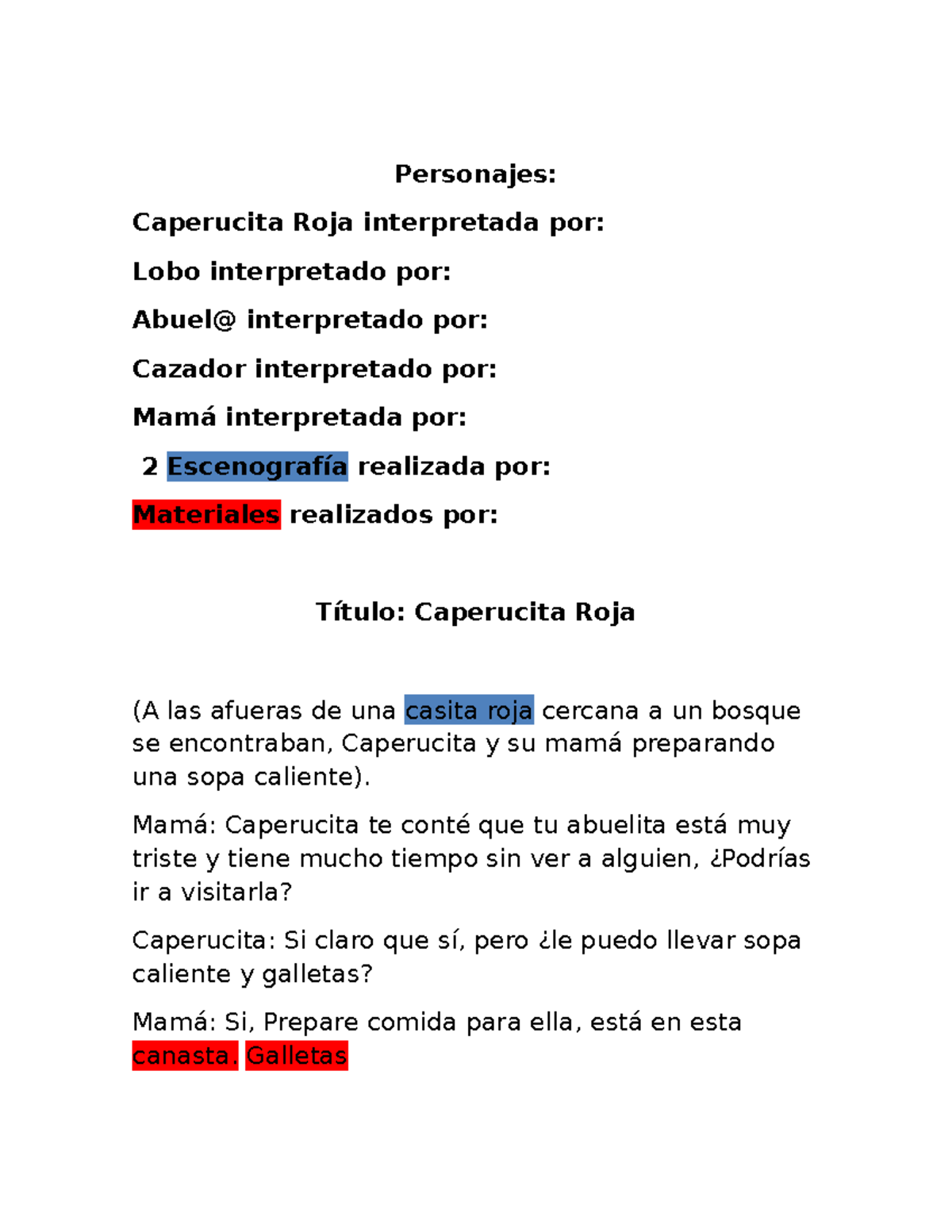 Guion de Teatro: Caperucita Roja (Obra Clásica) - Studocu