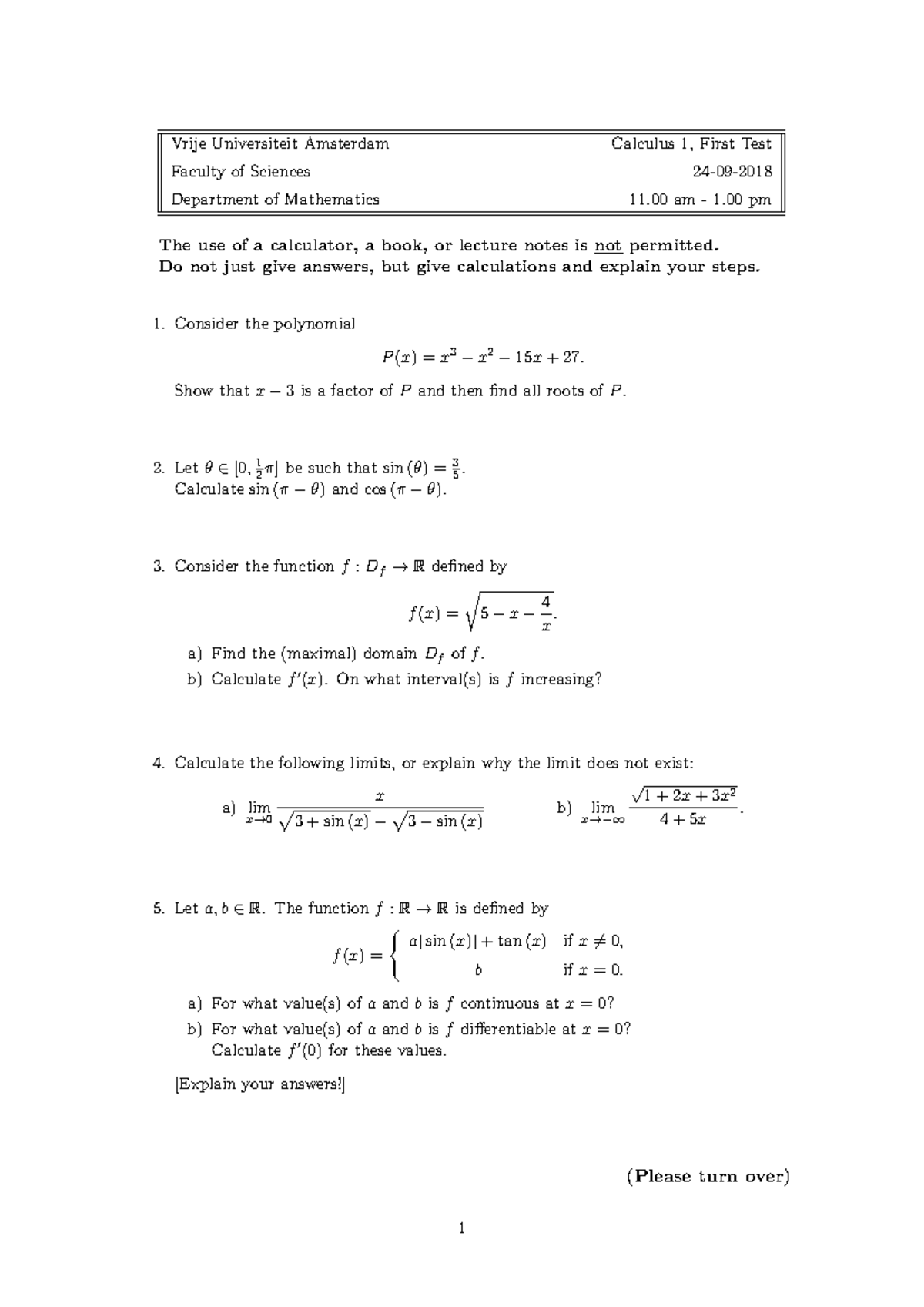 Calculus 1 Midterm Exam 2018 09 24 - Vrije Universiteit Amsterdam ...