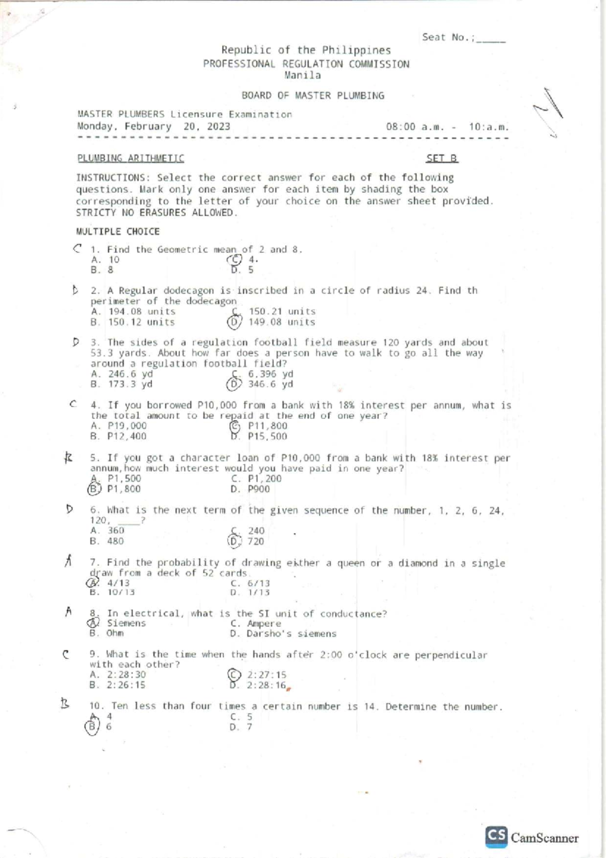 Plumbing Arithmetic Set B - Master Plumbers Licensure Exam (Feb 2023 ...
