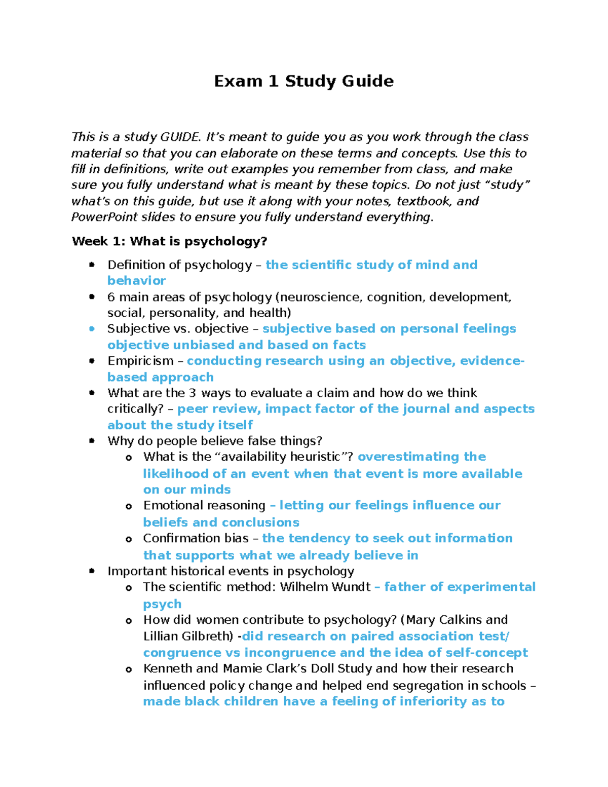 Psychology 101 Exam 1 Study Guide: Key Concepts & Research Ethics - Studocu