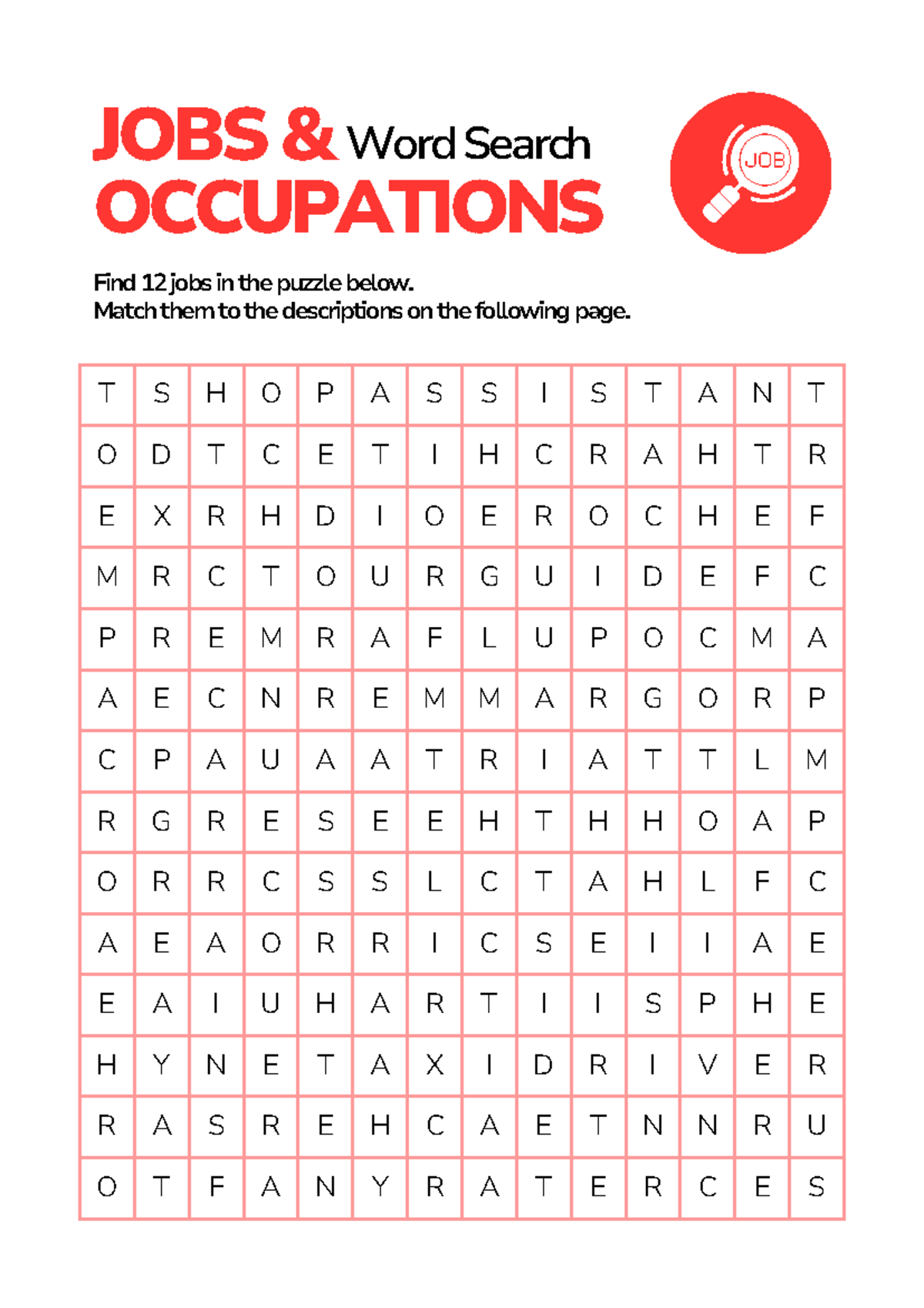 JOBS Word Search Worksheet: Find 12 Occupations - Studocu