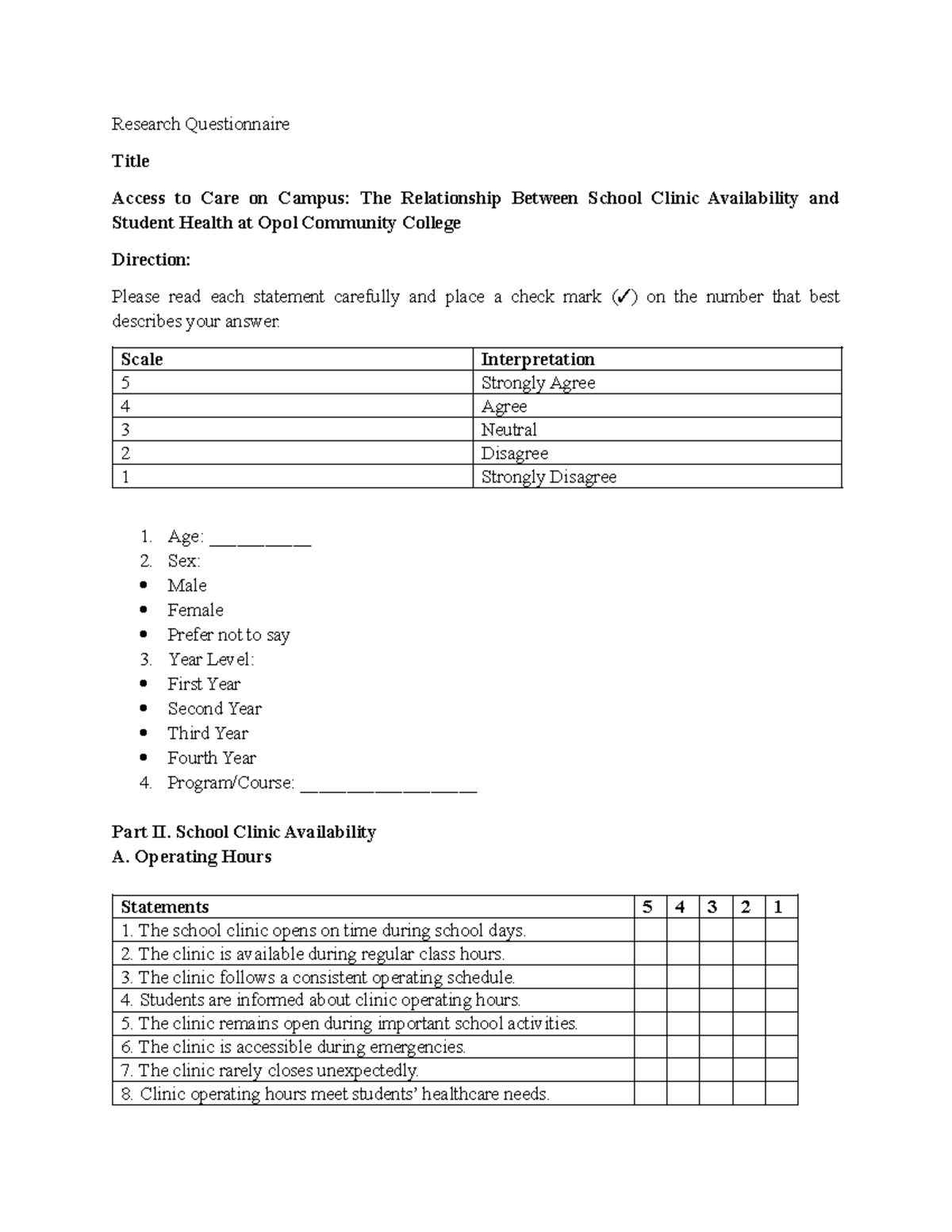 Research Questionnaire: Access to Care & Student Health at Opol CC ...