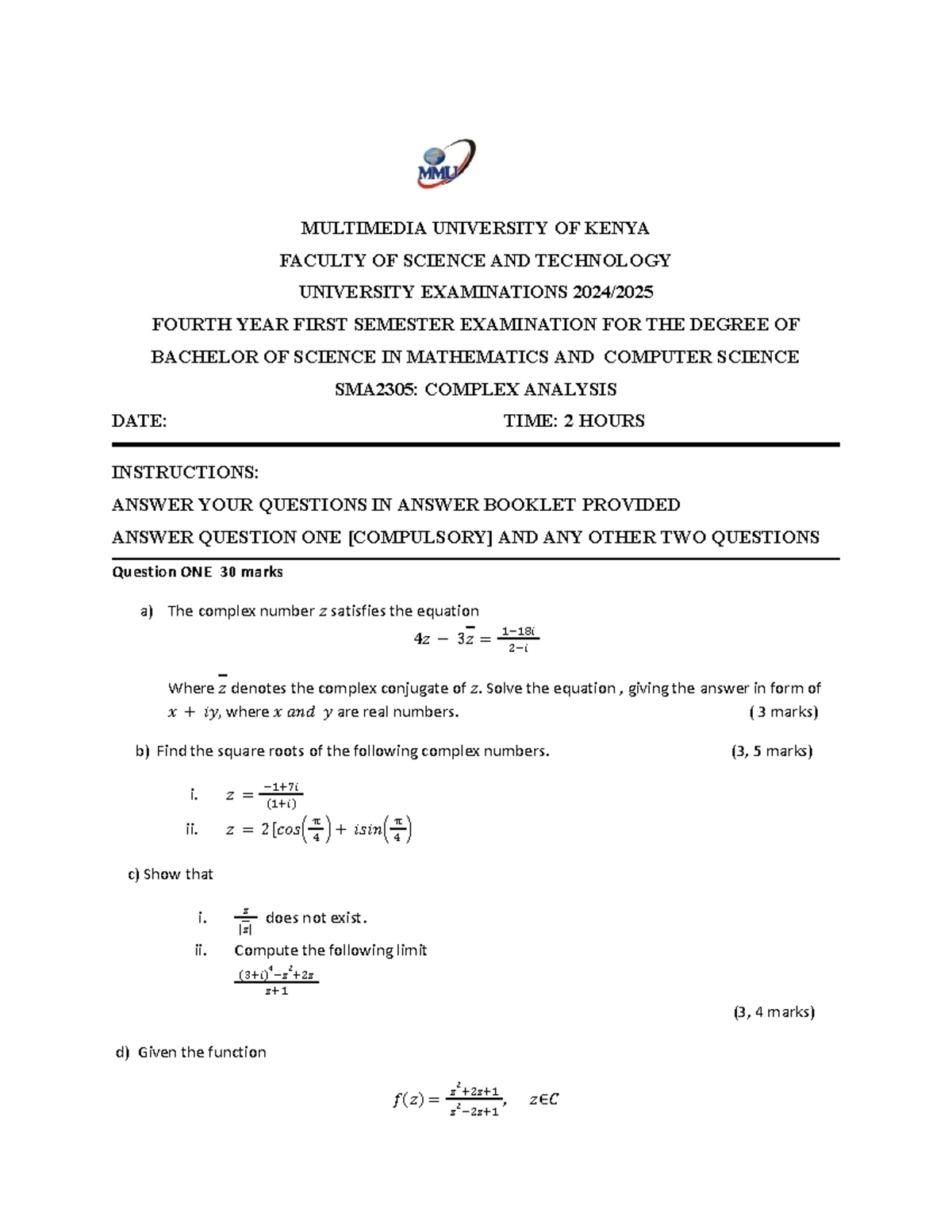 Complex analysis - MULTIMEDIA UNIVERSITY OF KENYA FACULTY OF SCIENCE ...