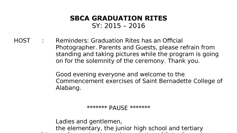SBCA Graduation Rites Script SY 2015-2016: Ceremony Details and ...