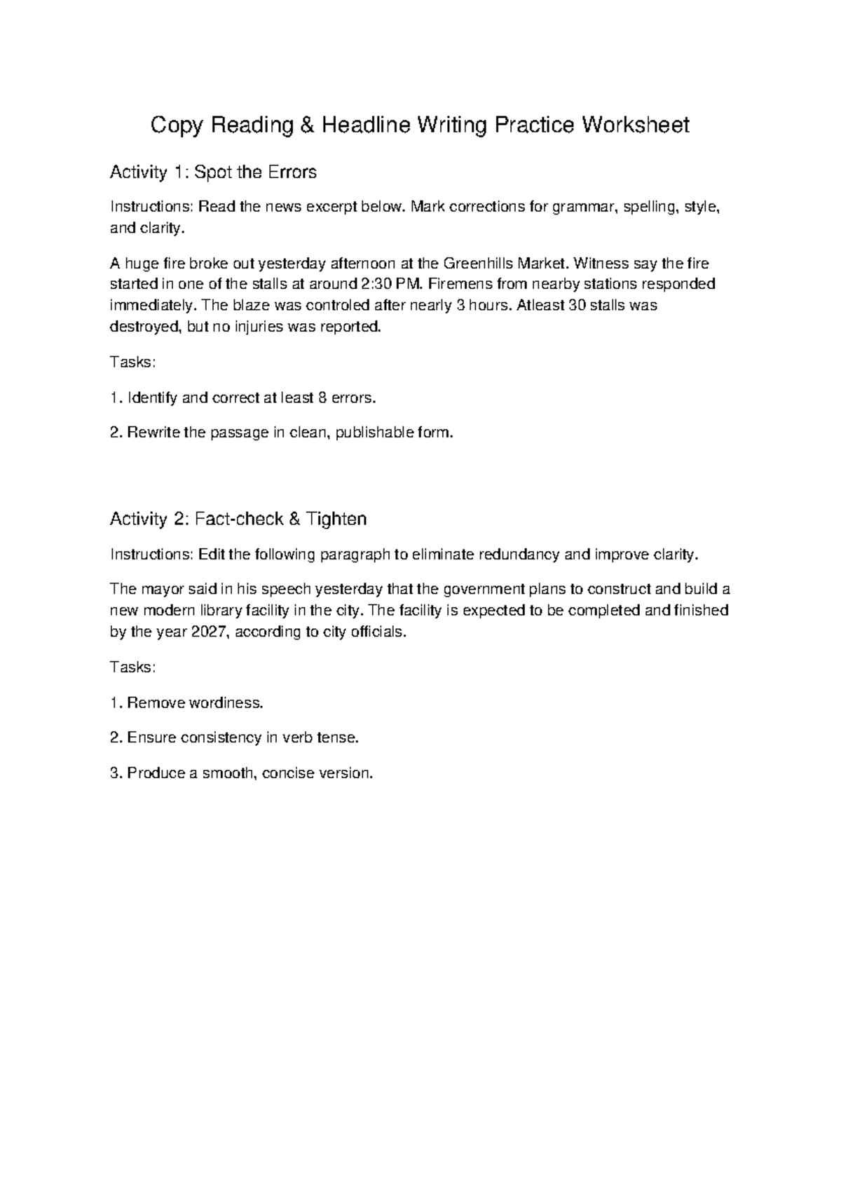 Copy Reading & Headline Writing Practice Worksheet - Studocu