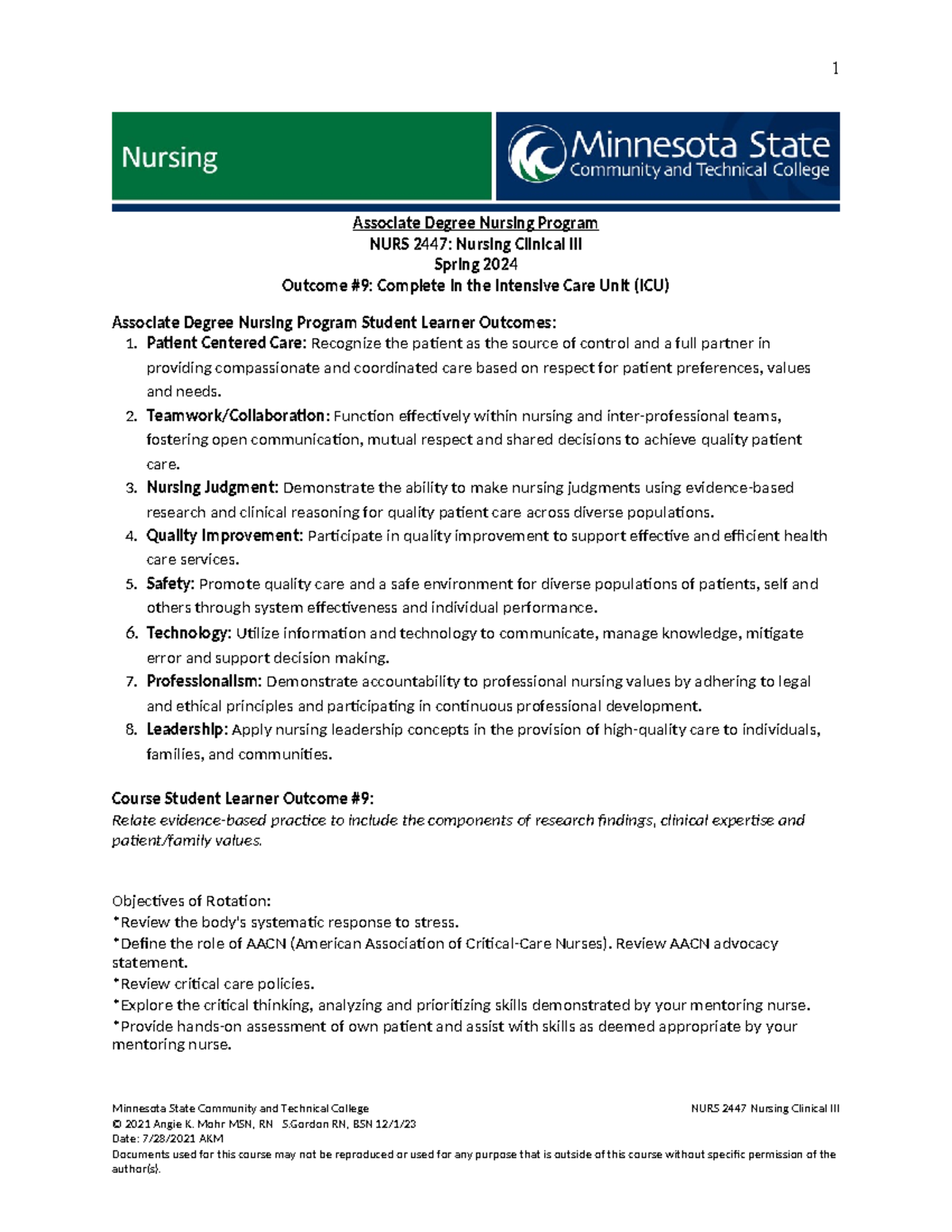 NURS 2447 - ICU Clinical Rotation Outcome #9 Overview and Reflections ...