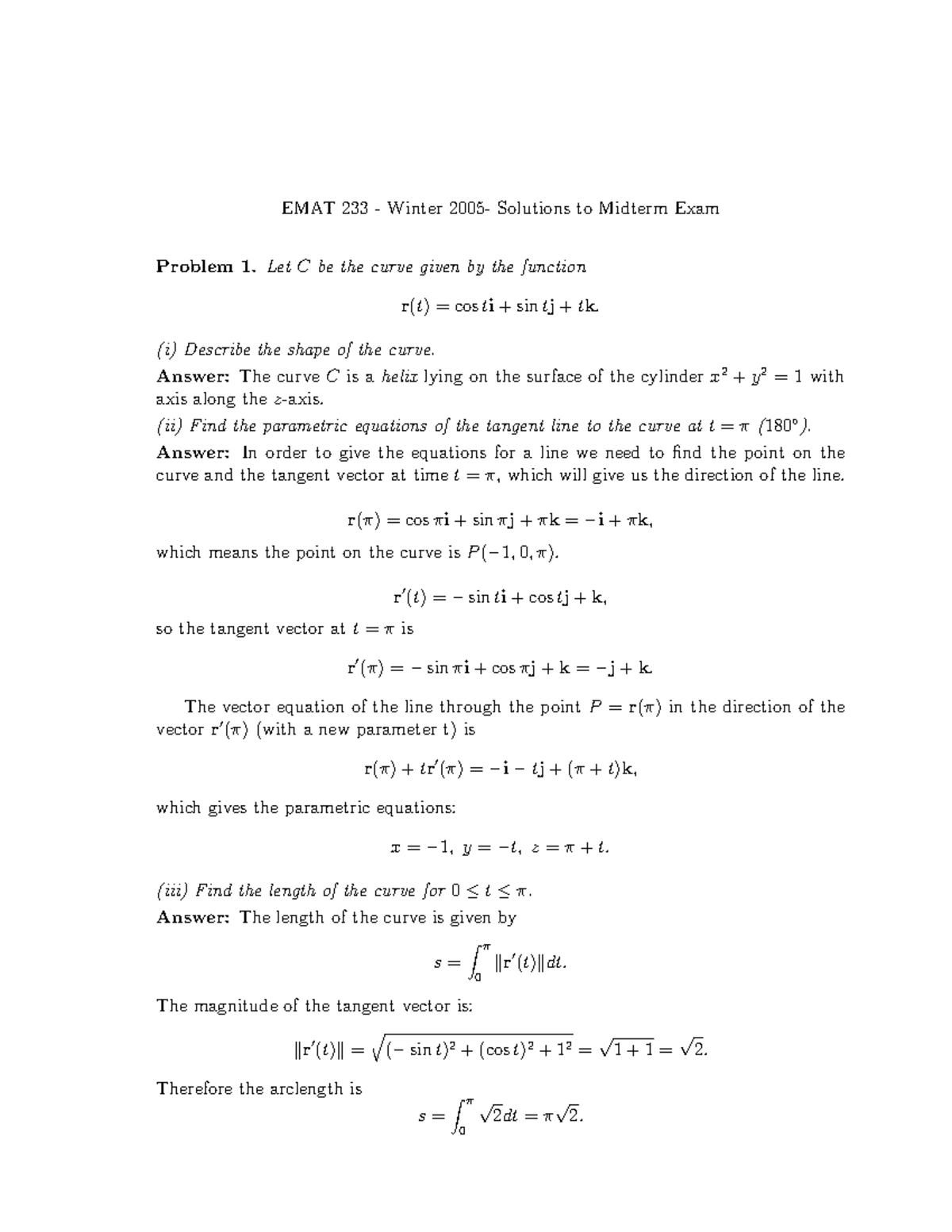 ENGR 233 - Midterm 1.2 (2005-W) - EMAT 233 - Winter 2005- Solutions to Midterm Exam Problem 1 ...