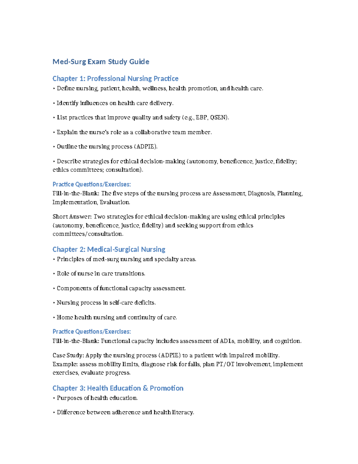 Med-Surg Exam Study Guide: Key Concepts & Nursing Processes - Studocu