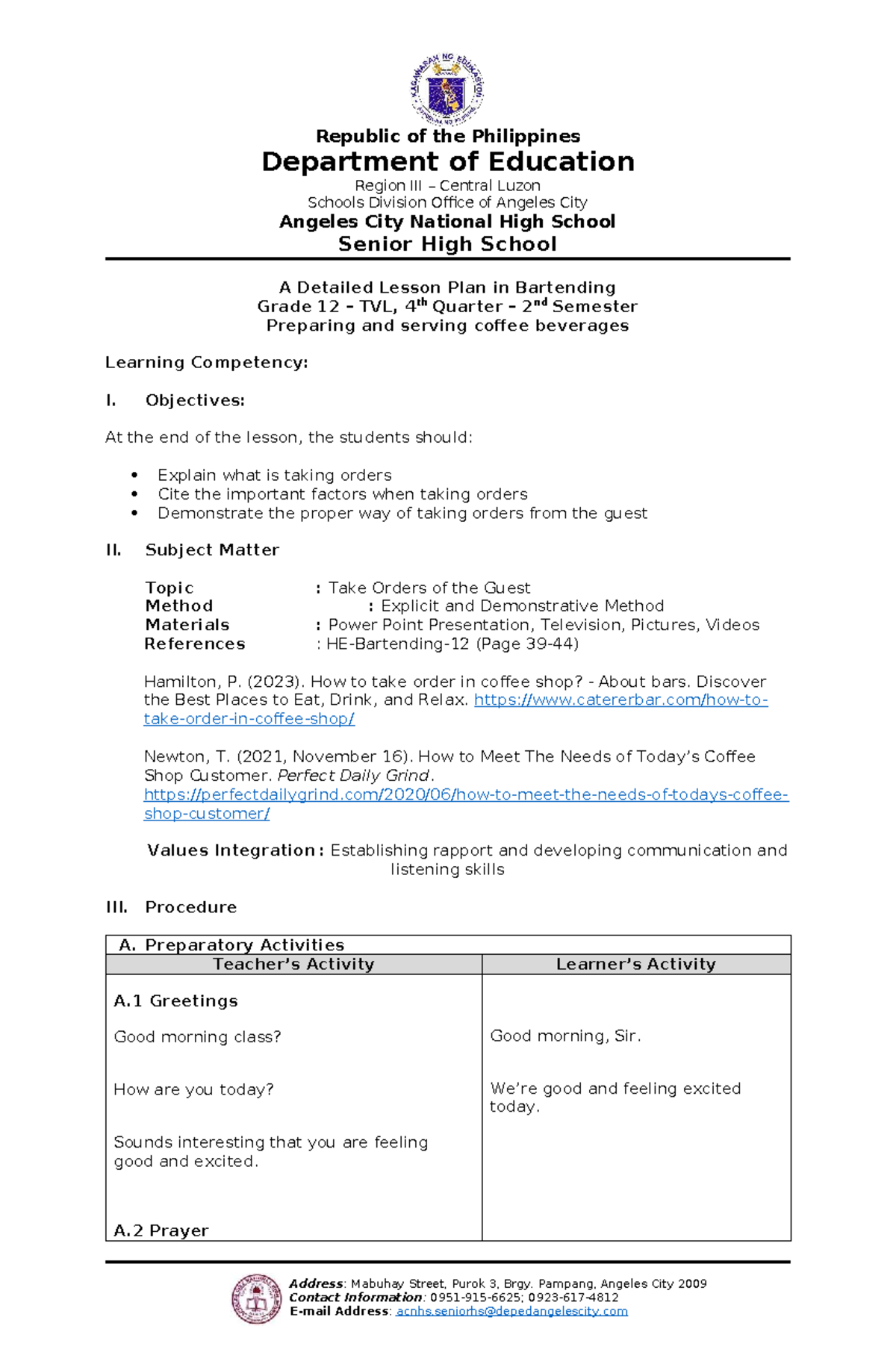 DLP: Detailed Lesson Plan on Taking Coffee Orders - Grade 12 TVL - Studocu