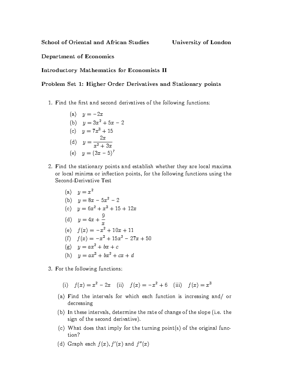 Problem Set 1: Higher Order Derivatives & Stationary Points - ECON 101 ...