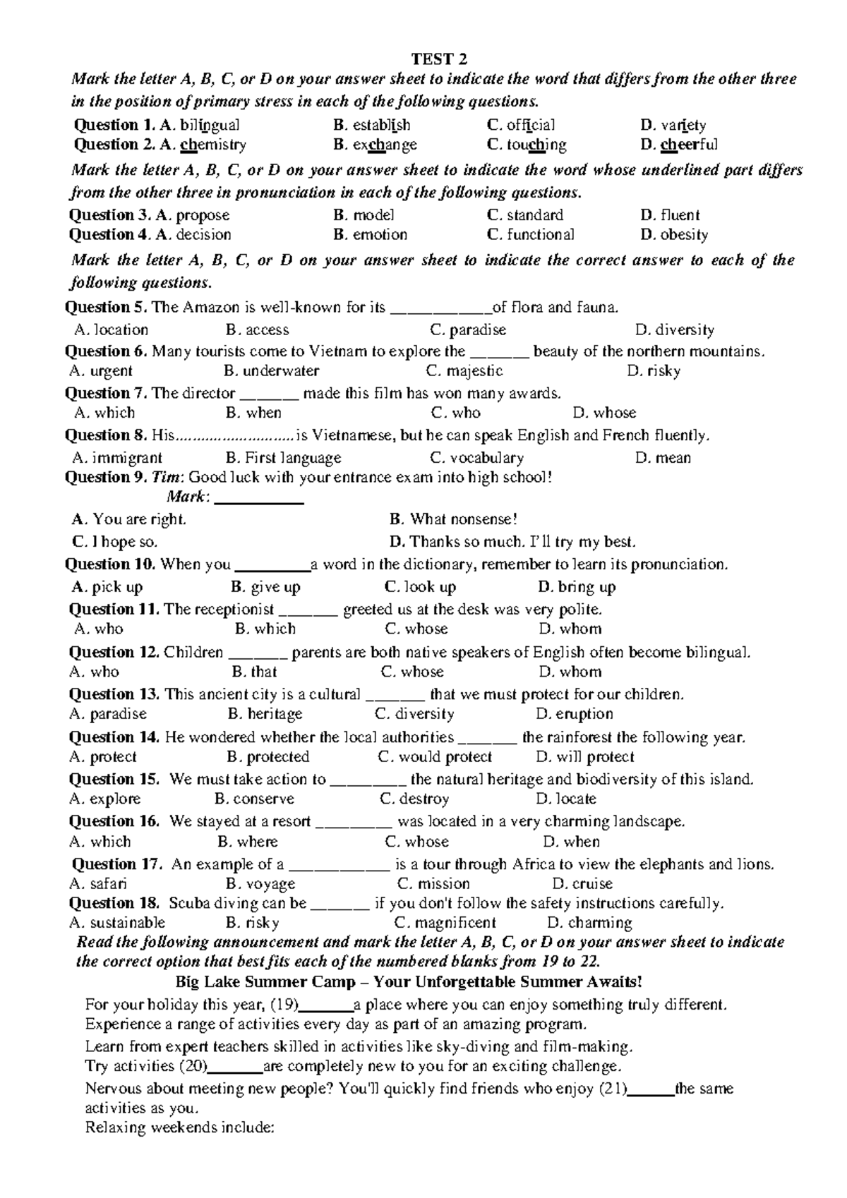 Test 2 - Grammar, Reading Comprehension & Multiple Choice Skills - Studocu