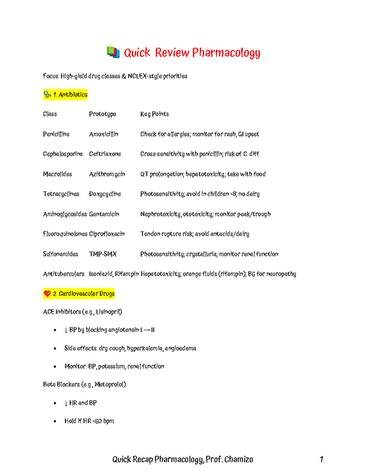 Quick Recap: Pharmacology Key Points for Drug Classes - Studocu