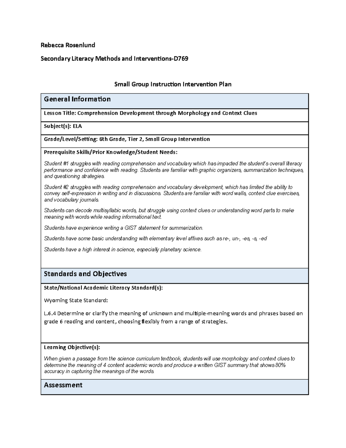 D769 ELA 6th Grade Small Group Intervention Plan: Morphology & Context ...