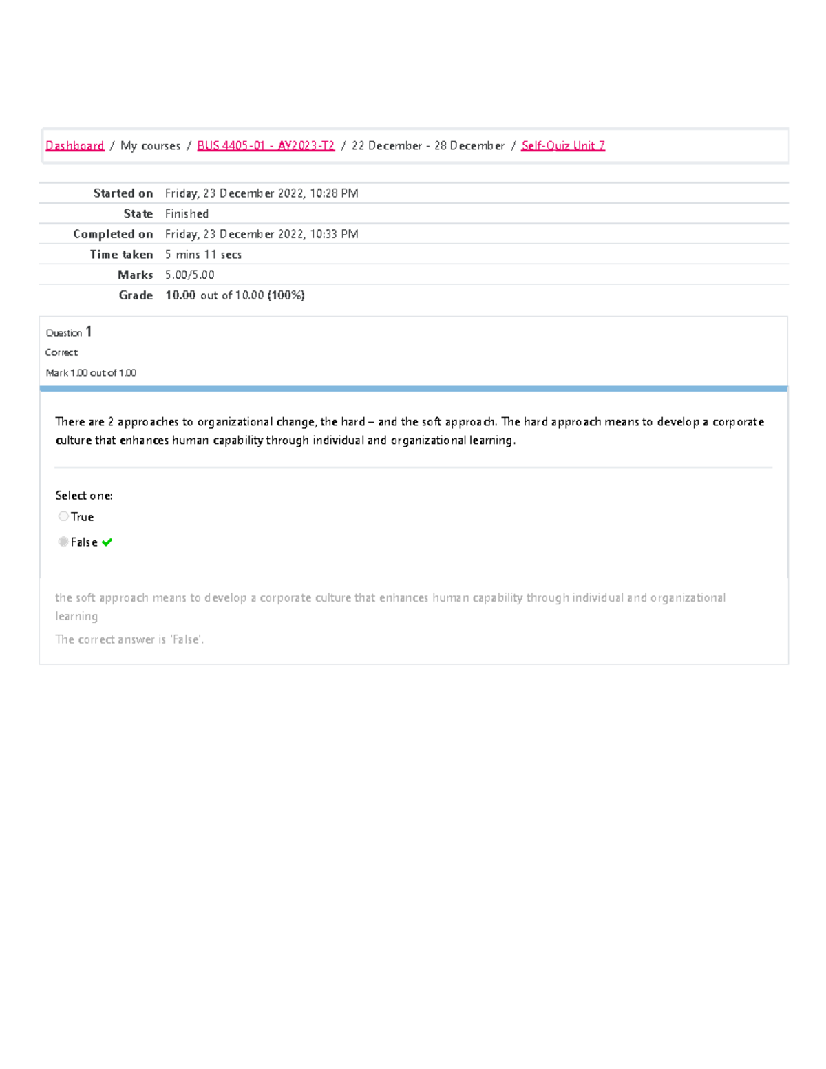 Leadership - BUS 4405 - 01- Self-Quiz Unit 7 Attempt review - Started ...
