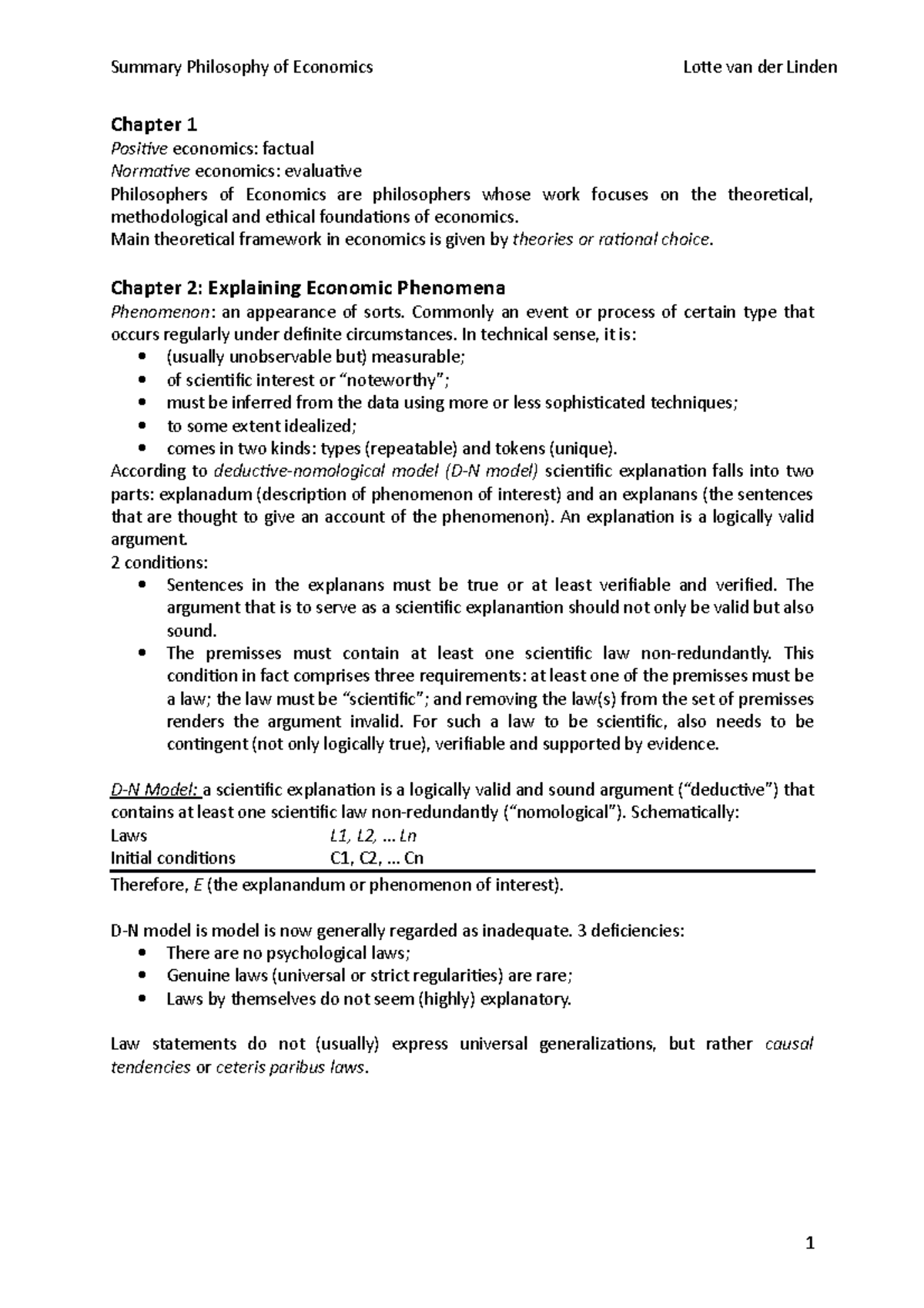 Philosophy of Economics: Key Concepts and Theories Summary - Studeersnel