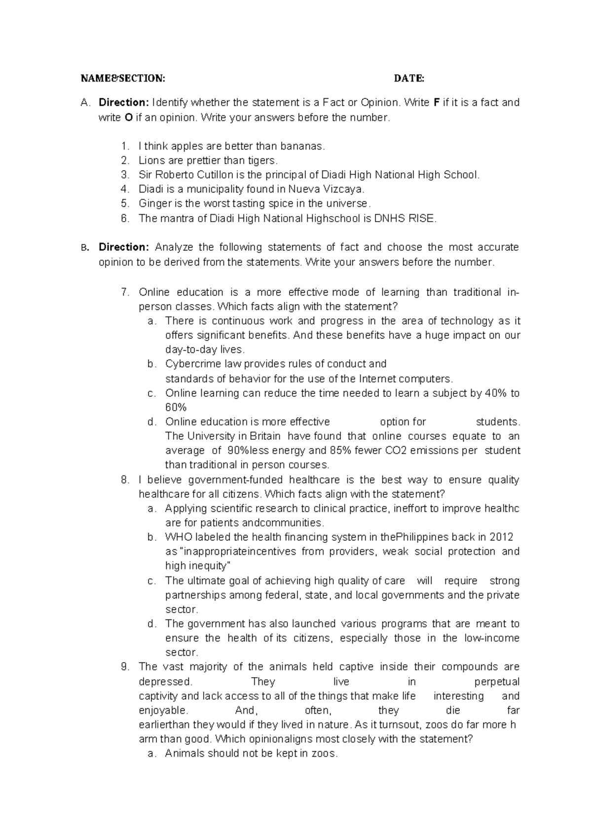 worksheet on formulating opinion based from facts - NAME&SECTION: DATE ...