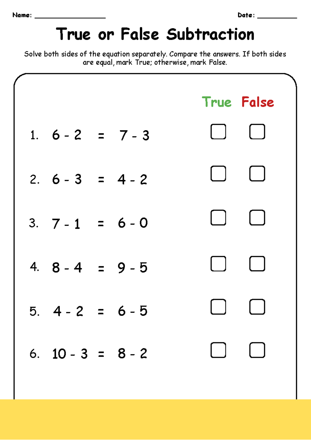 True or False Subtraction - 1st Grade Worksheet - = True or False ...