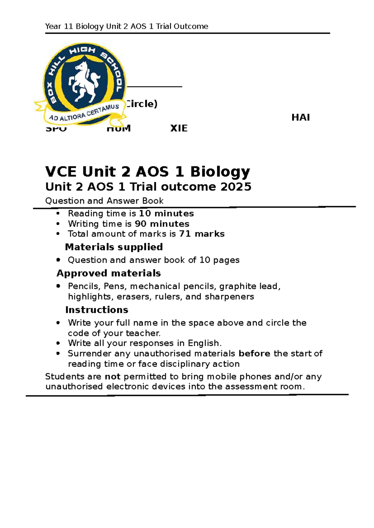 Yr 11 Biology Unit 2 AOS 1 Trial Exam Questions & Answers 2025 - Studocu