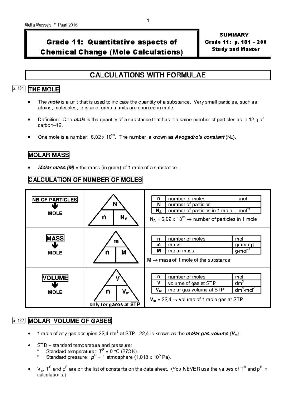 11 Grade 11: Mole Calculations and Chemical Change Summary - Studocu