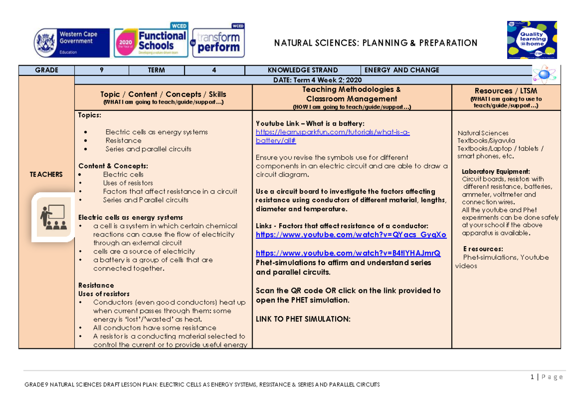 GRADE 9 NATURAL SCIENCES TERM 4 LESSON PLAN: ELECTRIC CELLS & CIRCUITS ...