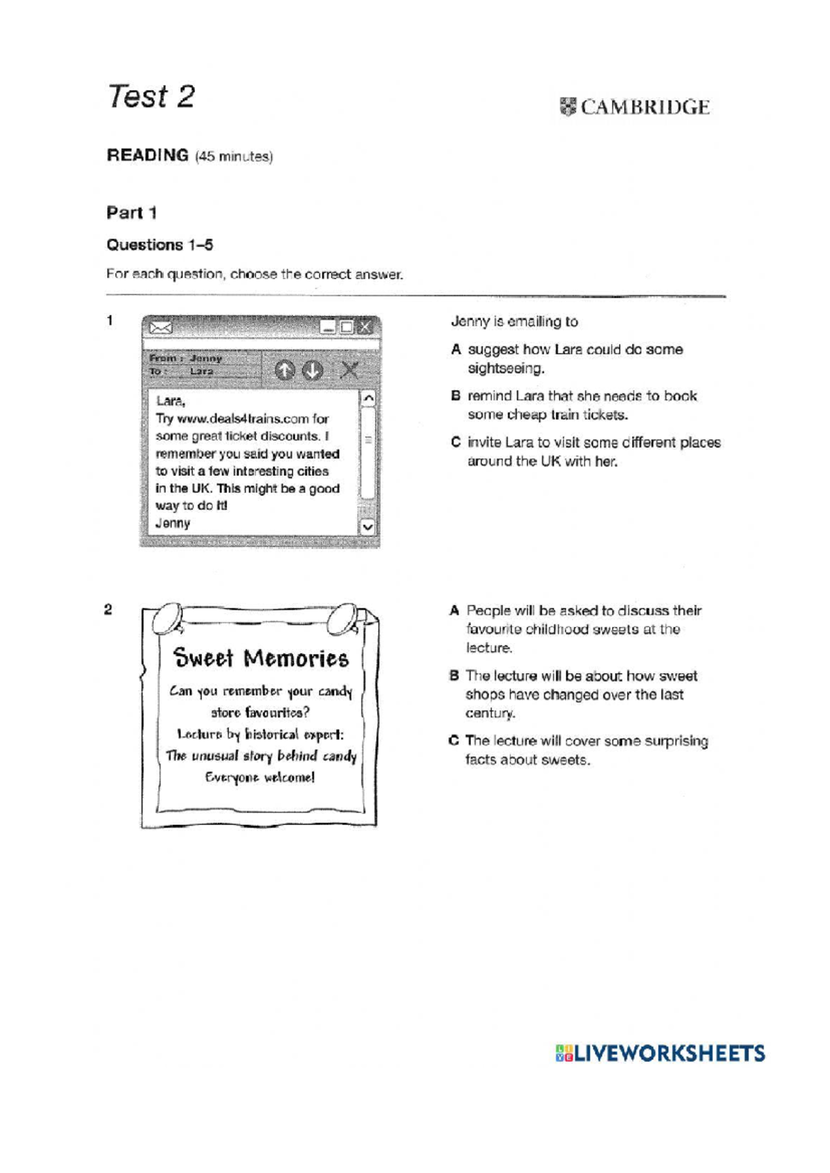 Examen Reading B1 CAMBRIDGE (45 min) Part 1-5 Questions - Studocu