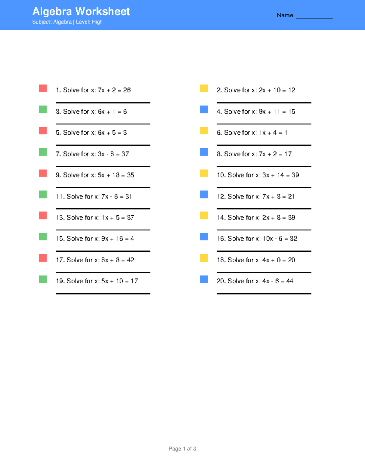 Algebra Worksheet (High Level) - Problem Set & Solutions - Studocu