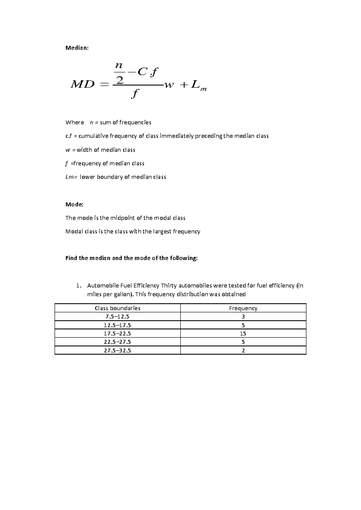 Median and Mode Calculation: Exercise 5 - KAU Statistics - Studocu