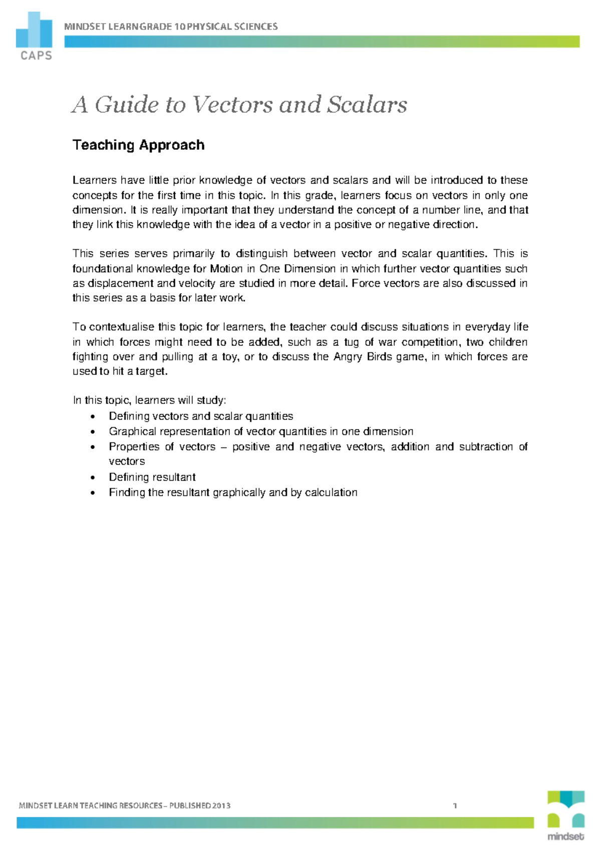 Vectors and Scalars: A Teaching Guide for Grade 1 Physics - Studocu