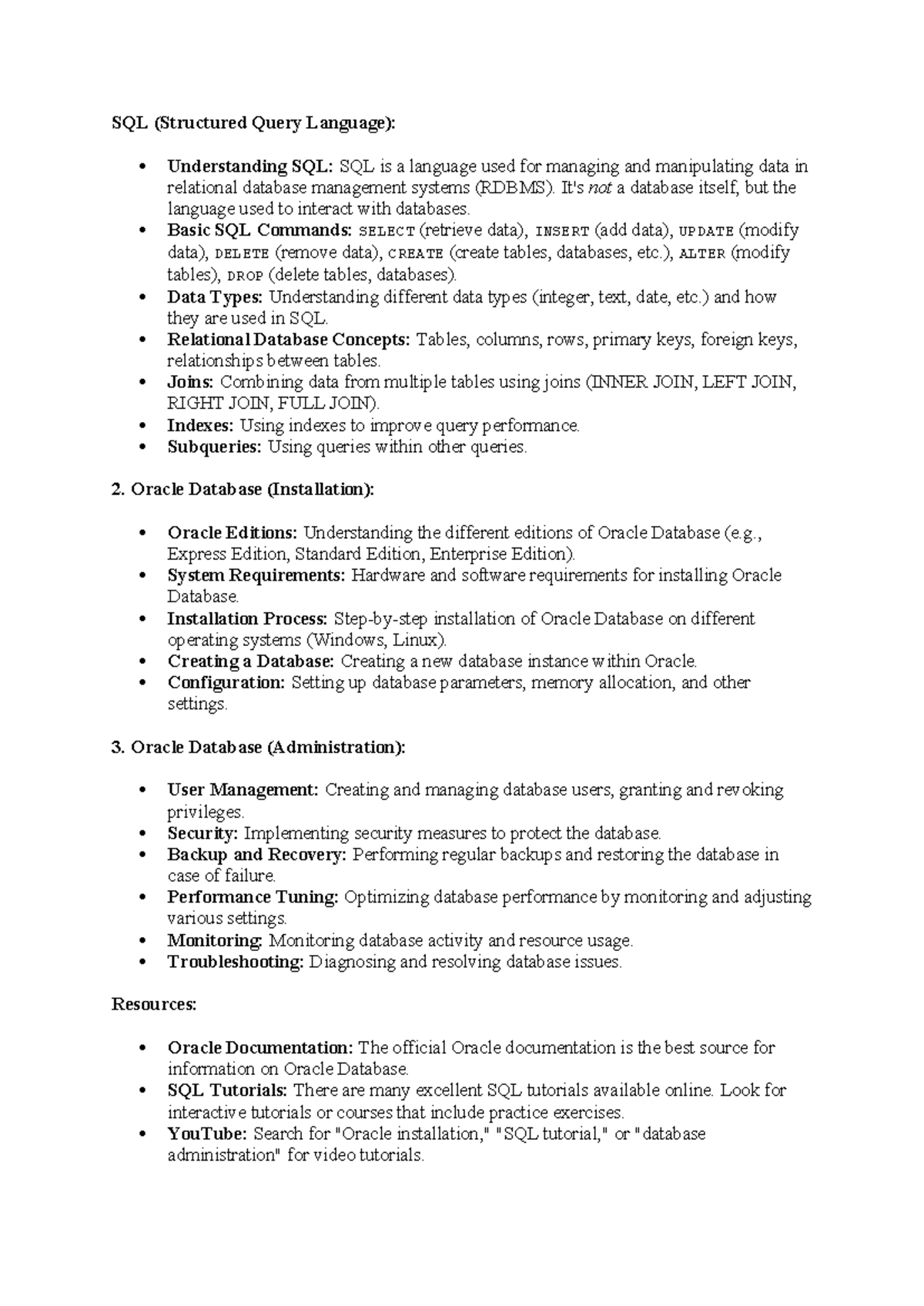 SW Ch1: Installation and Administration of SQL Oracle Database - Studocu