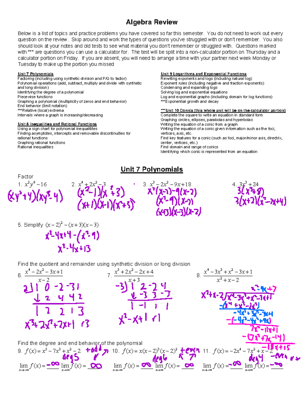 Algebra Review Key: Topics & Practice Problems for Exam Prep - Studocu