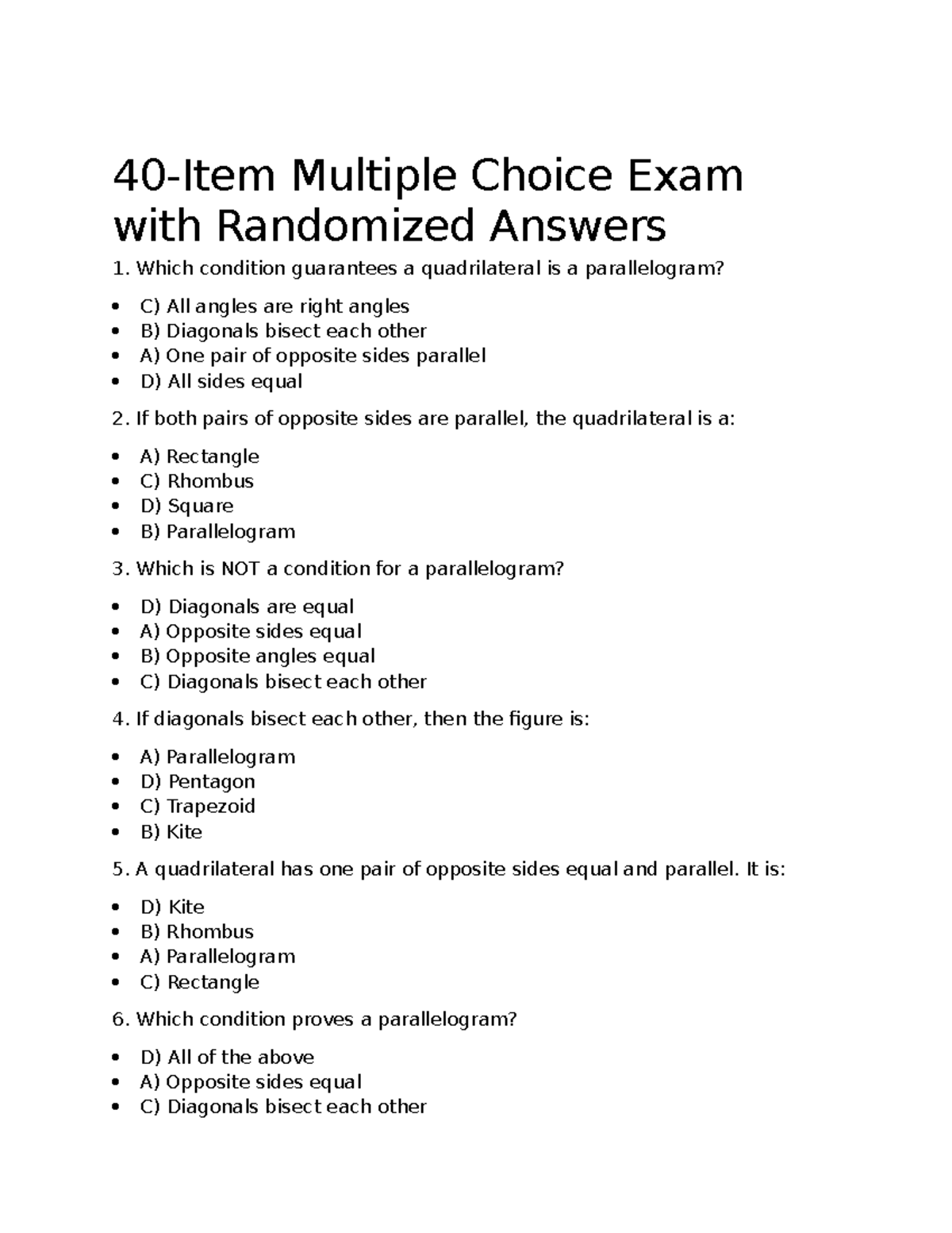 Geometry Exam (Course Code: GEOM101) - Multiple Choice Questions - Studocu
