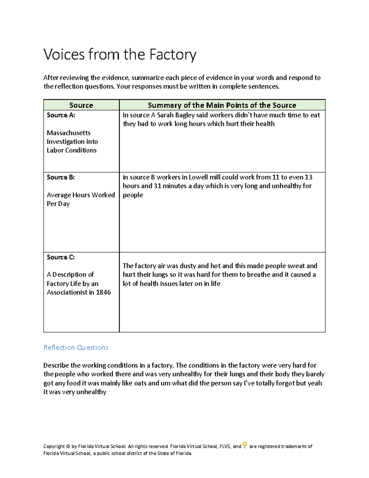 FLVS: Summary of Factory Working Conditions and Health Impacts - Studocu