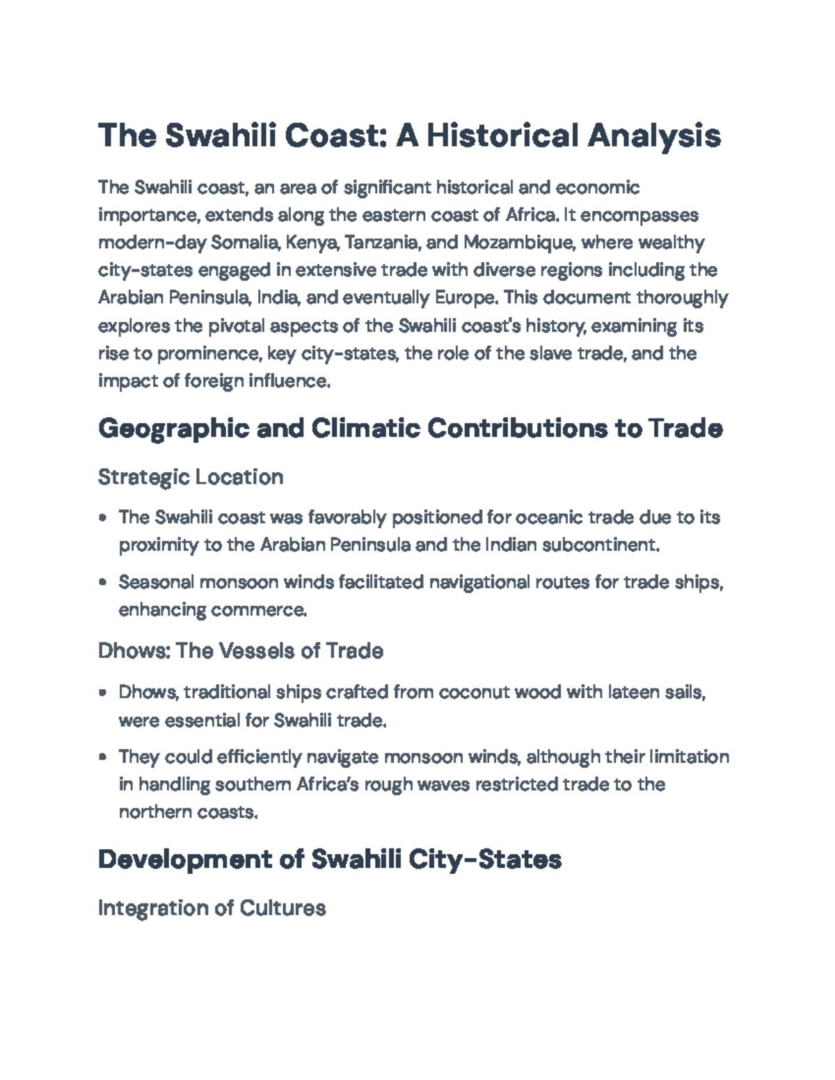 Historical Analysis of the Swahili Coast's Trade and Culture - The ...