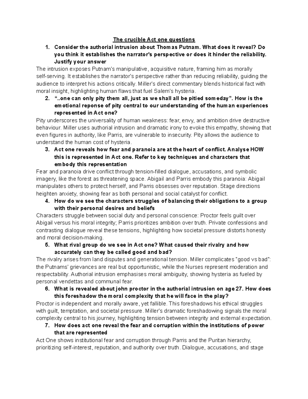 The Crucible (ENG 101) Act One Analysis Questions and Insights - Studocu